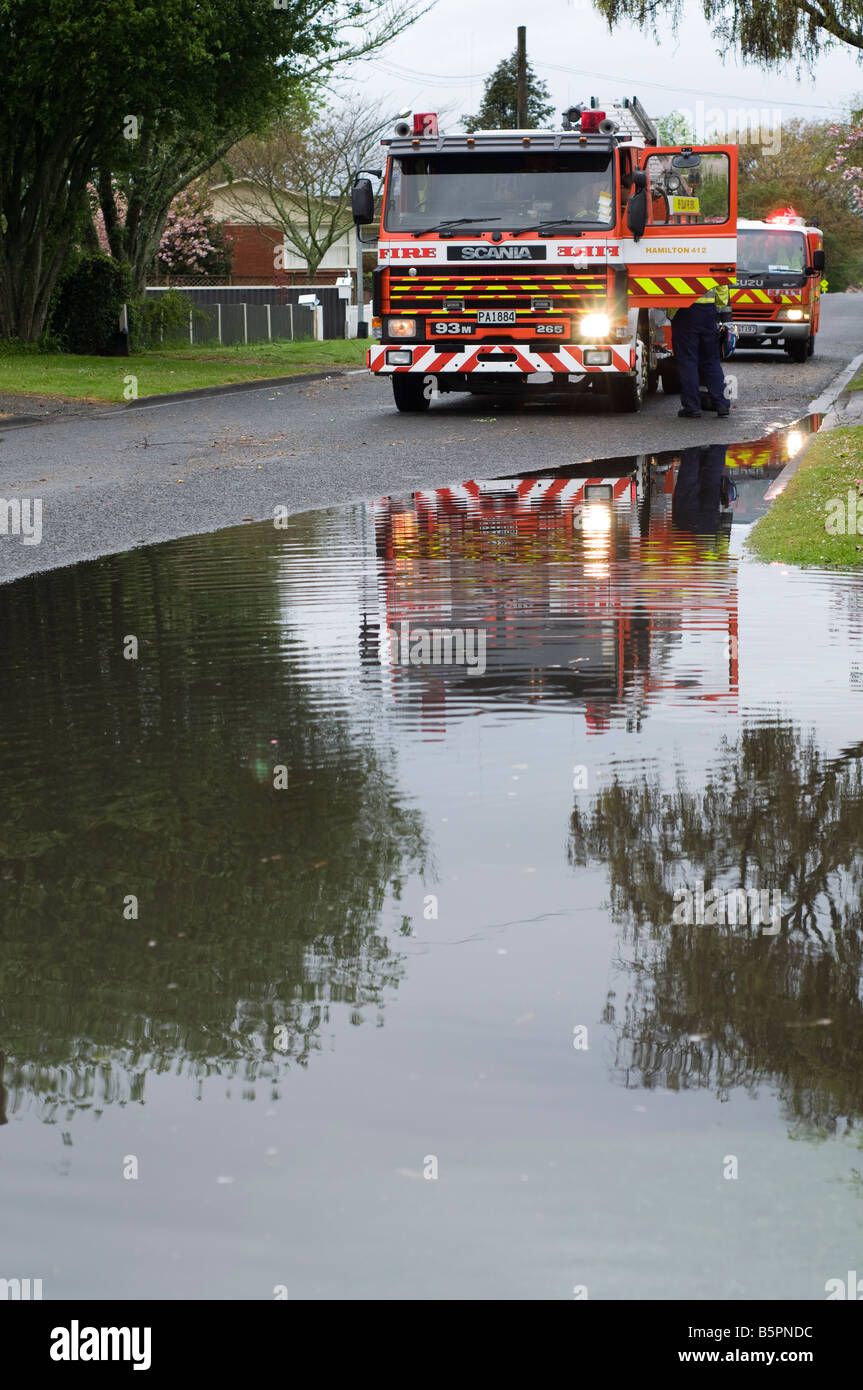 New Zealand fire engine with flooded road Stock Photo - Alamy