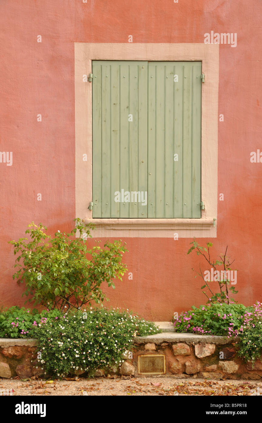 Green window and pink wall Roussillon Provence France Stock Photo - Alamy