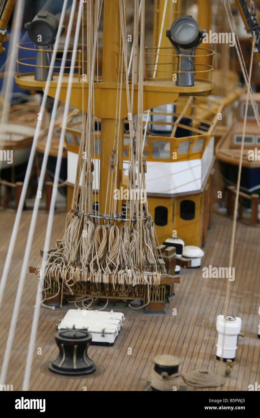 detail of rigging masts and deck on miniature model war ship Stock ...