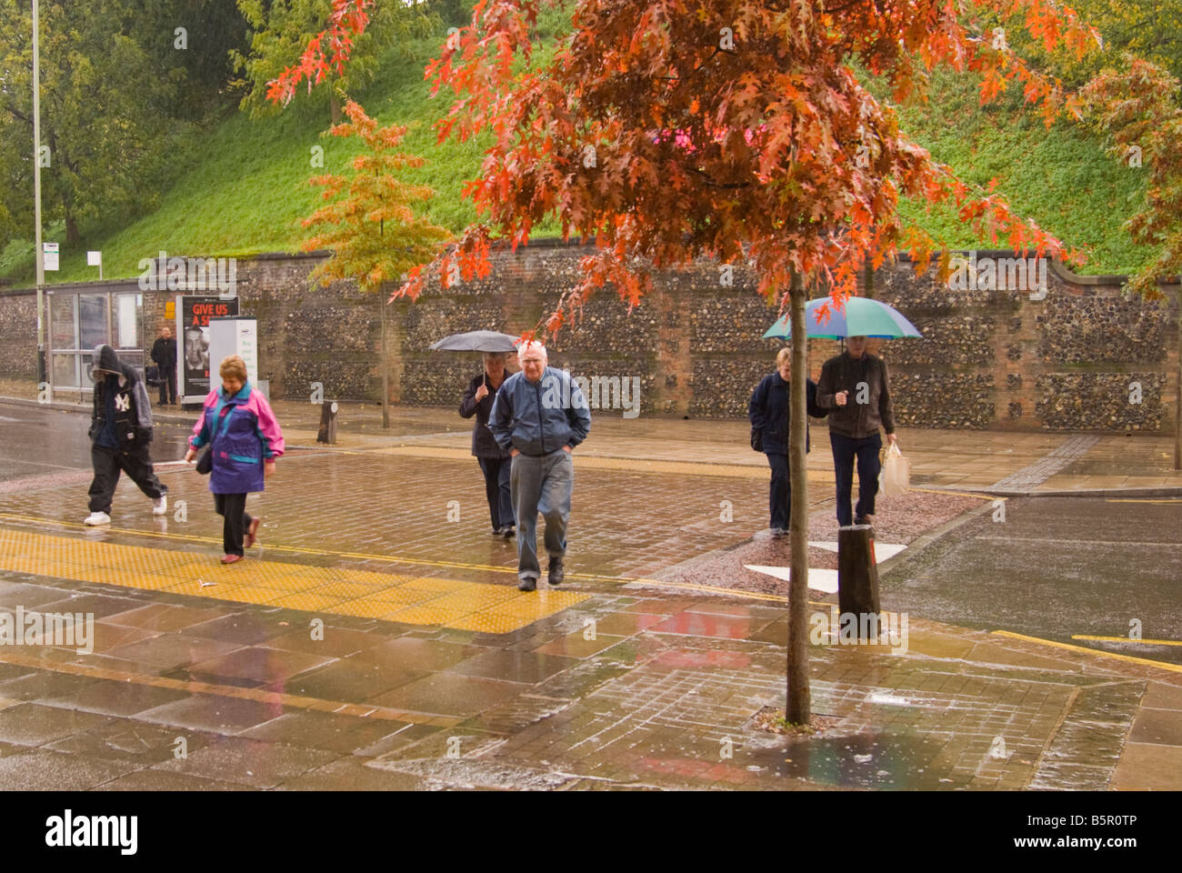 People crossing the road getting wet in the rain Stock Photo - Alamy