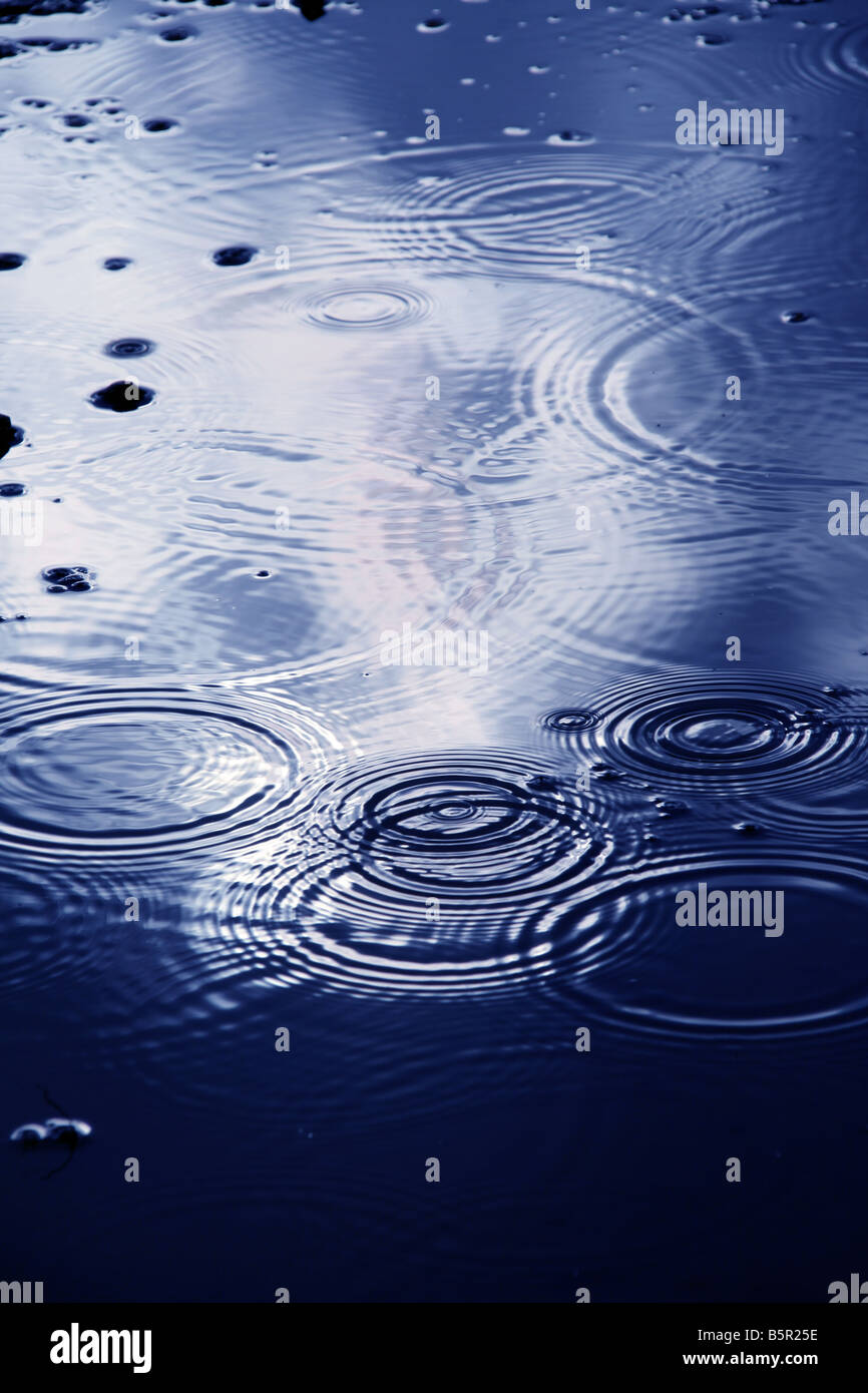rain drops falling in cold blue water puddle in street at night Stock ...