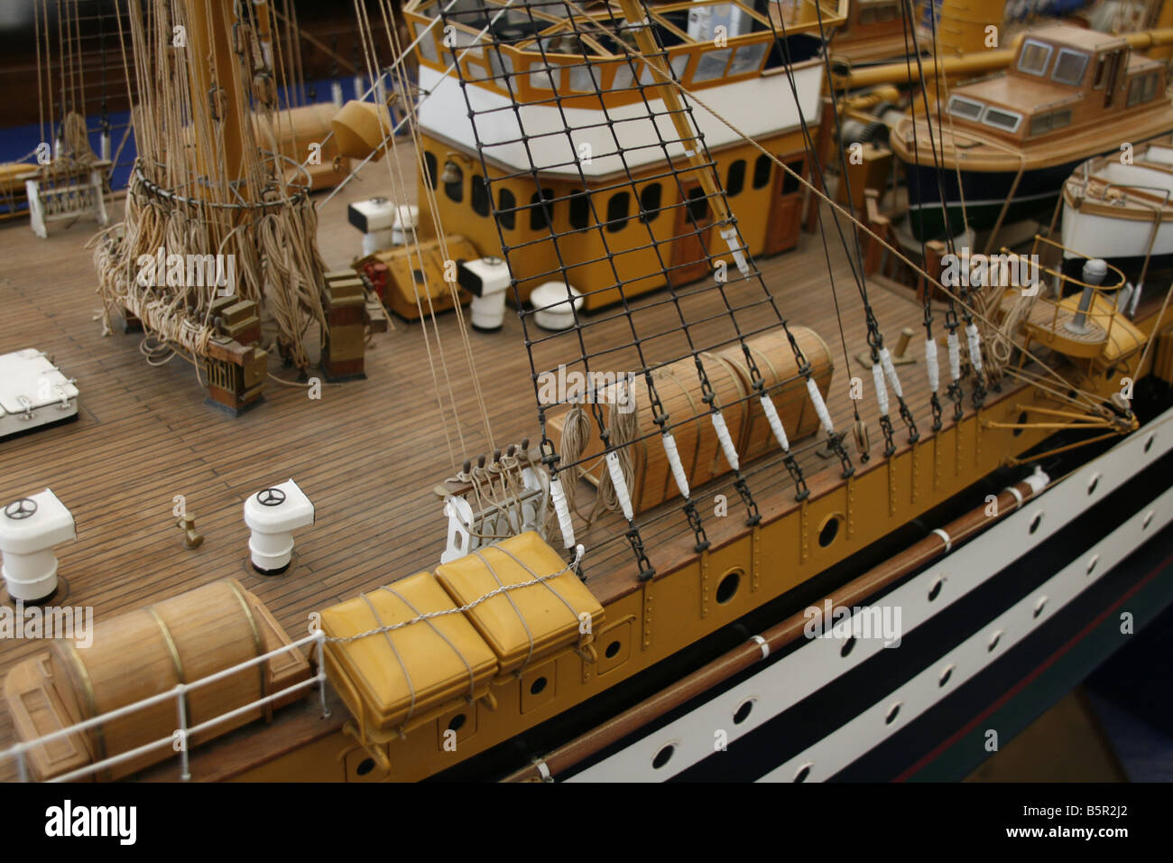 detail of rigging masts and deck on miniature model war ship Stock ...