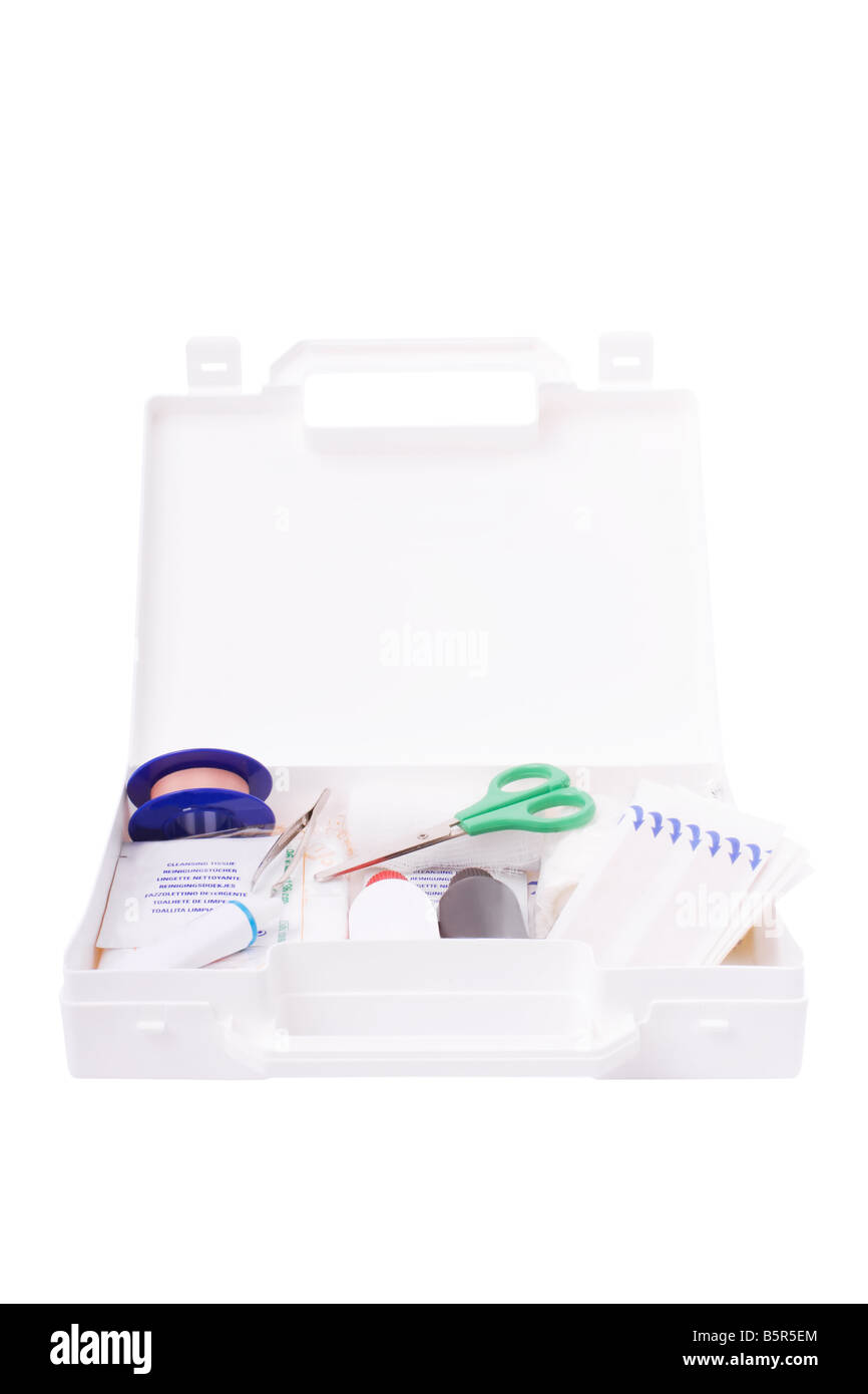 Open first aid kit isolated on white background Stock Photo - Alamy