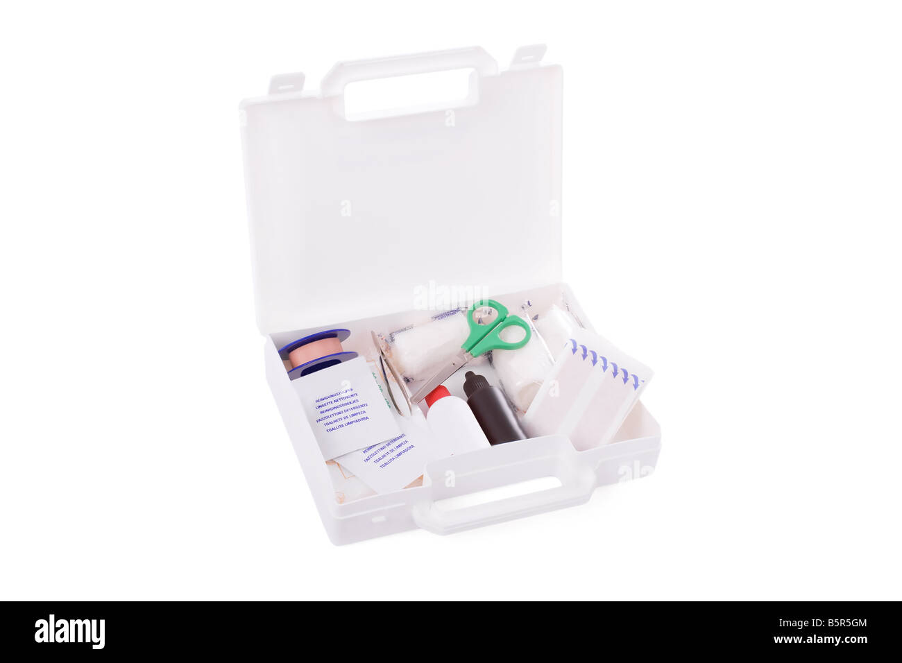Open first aid kit isolated on white background Stock Photo - Alamy