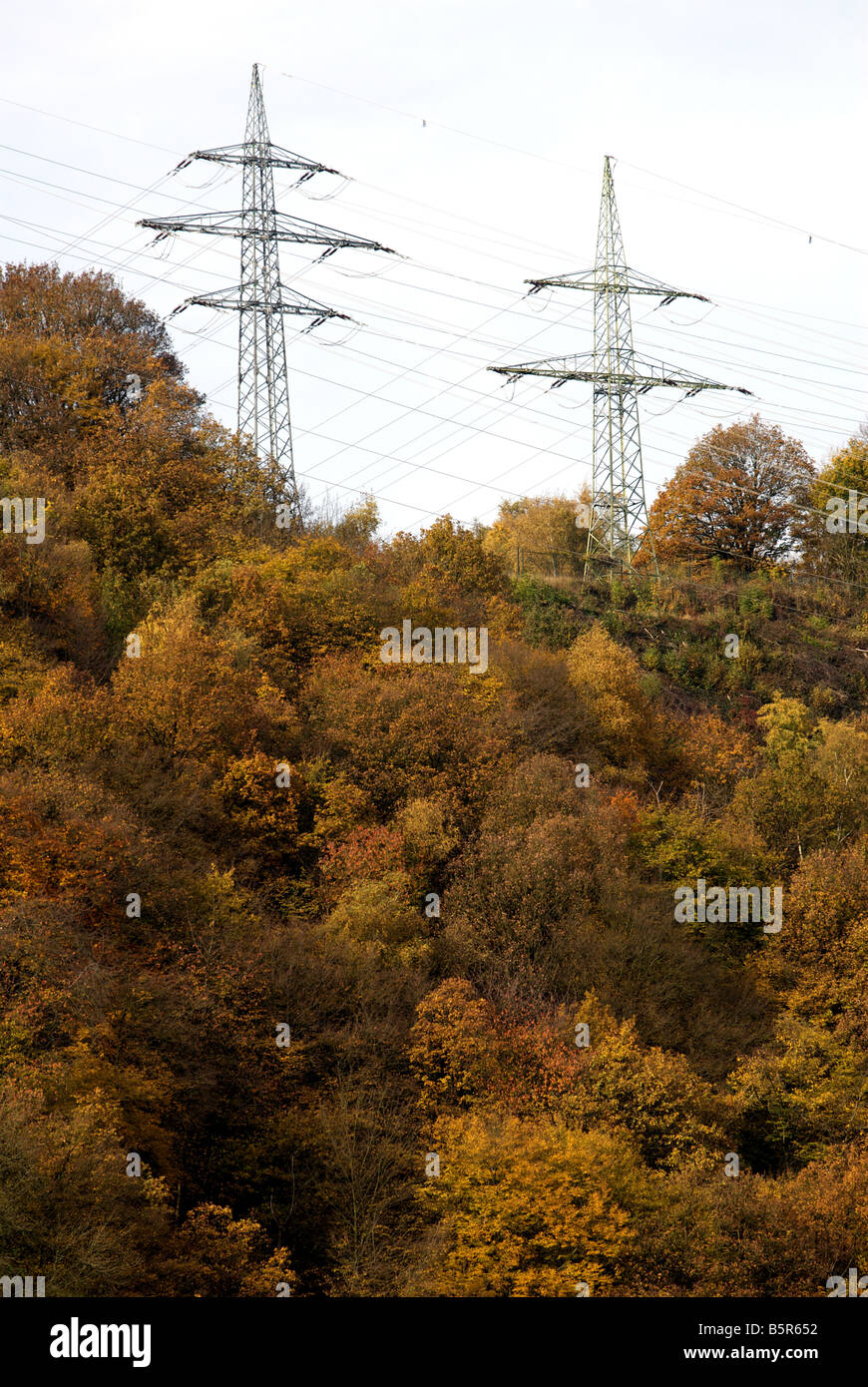High voltage electricity cables, Ruhr valley, Hengstey near Hagen ...