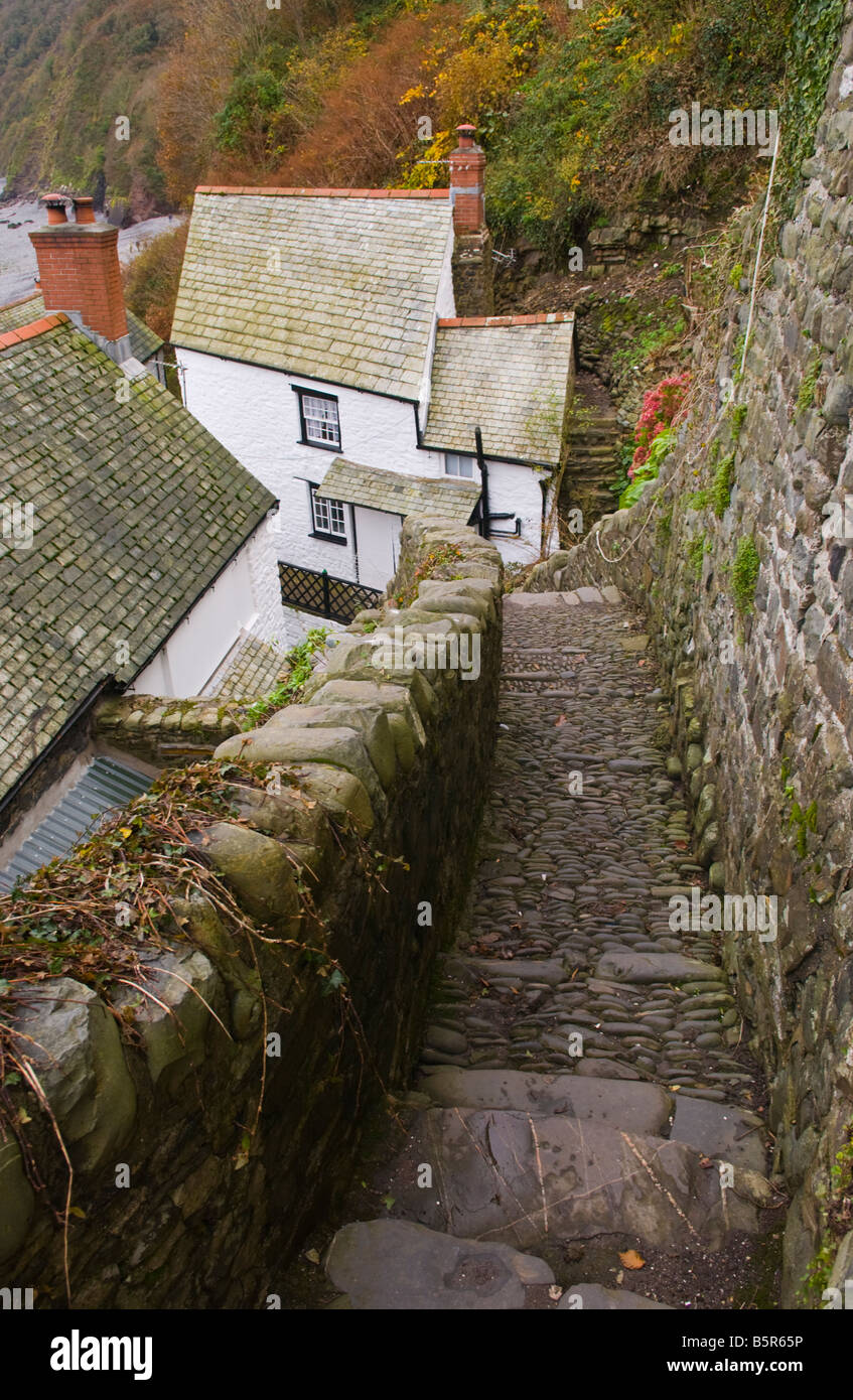 Cobbled footpath leading down to cottages in the pretty coastal village ...