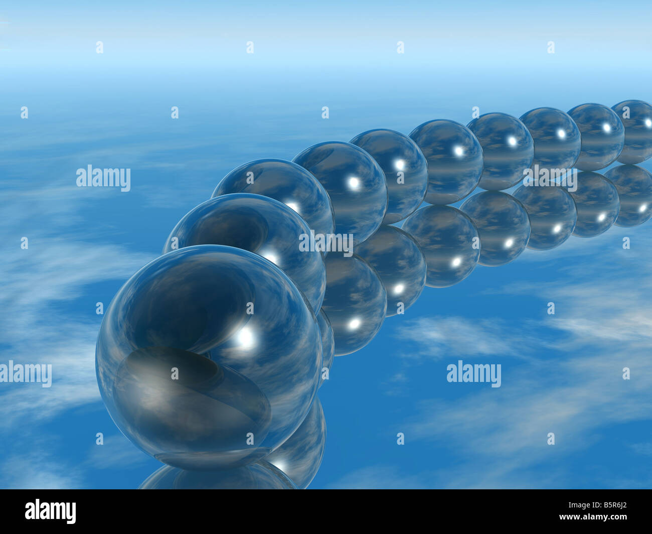 Row spheres with a reflecting surface located on a mirror Stock Photo ...