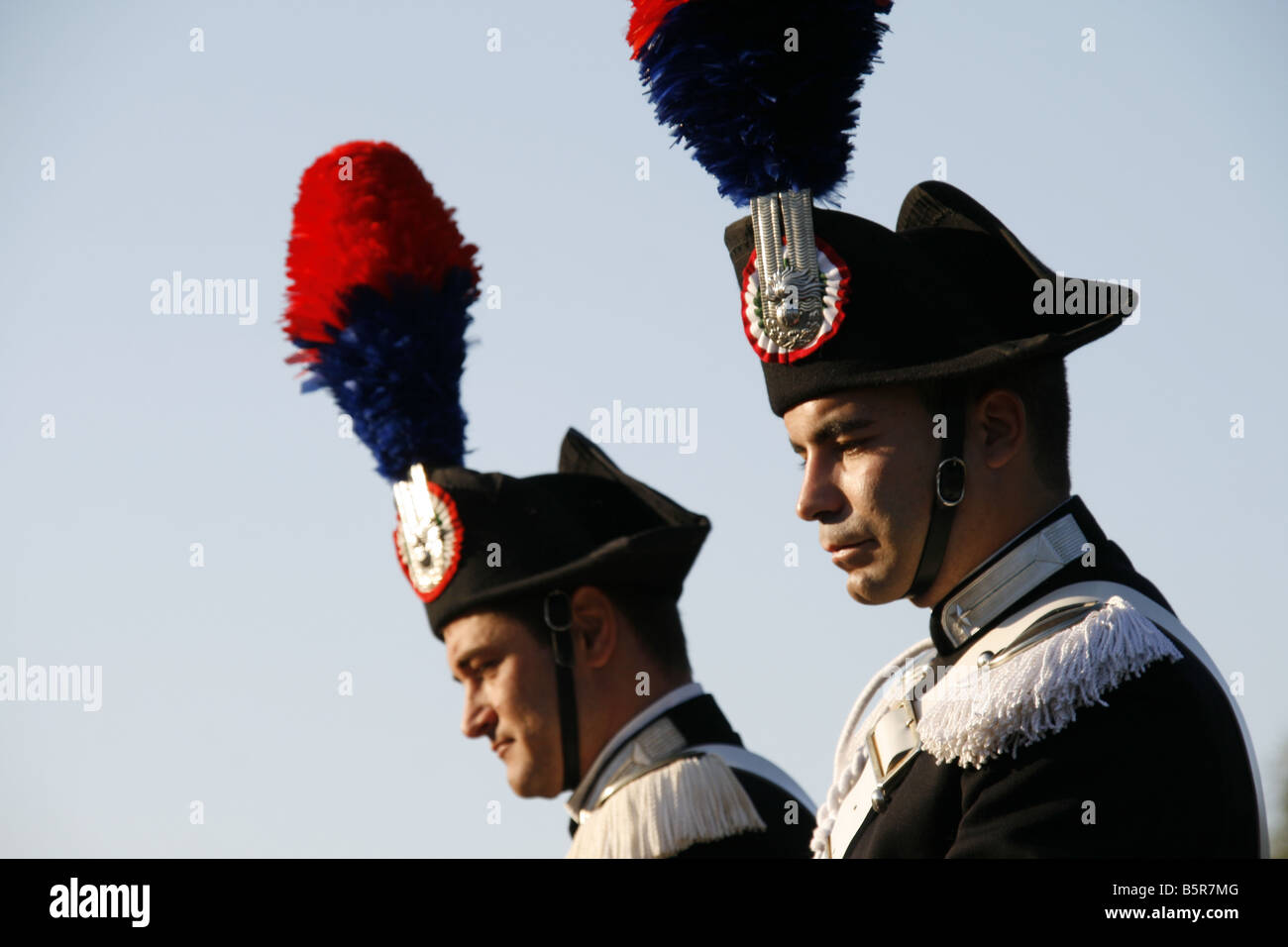 two mounted carabinieri police in traditional costume at event in rome ...