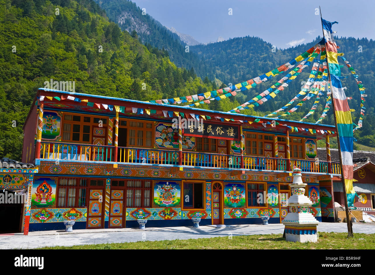 Colourful Tibetan houses and prayer flags in Zechawazhai Village in ...