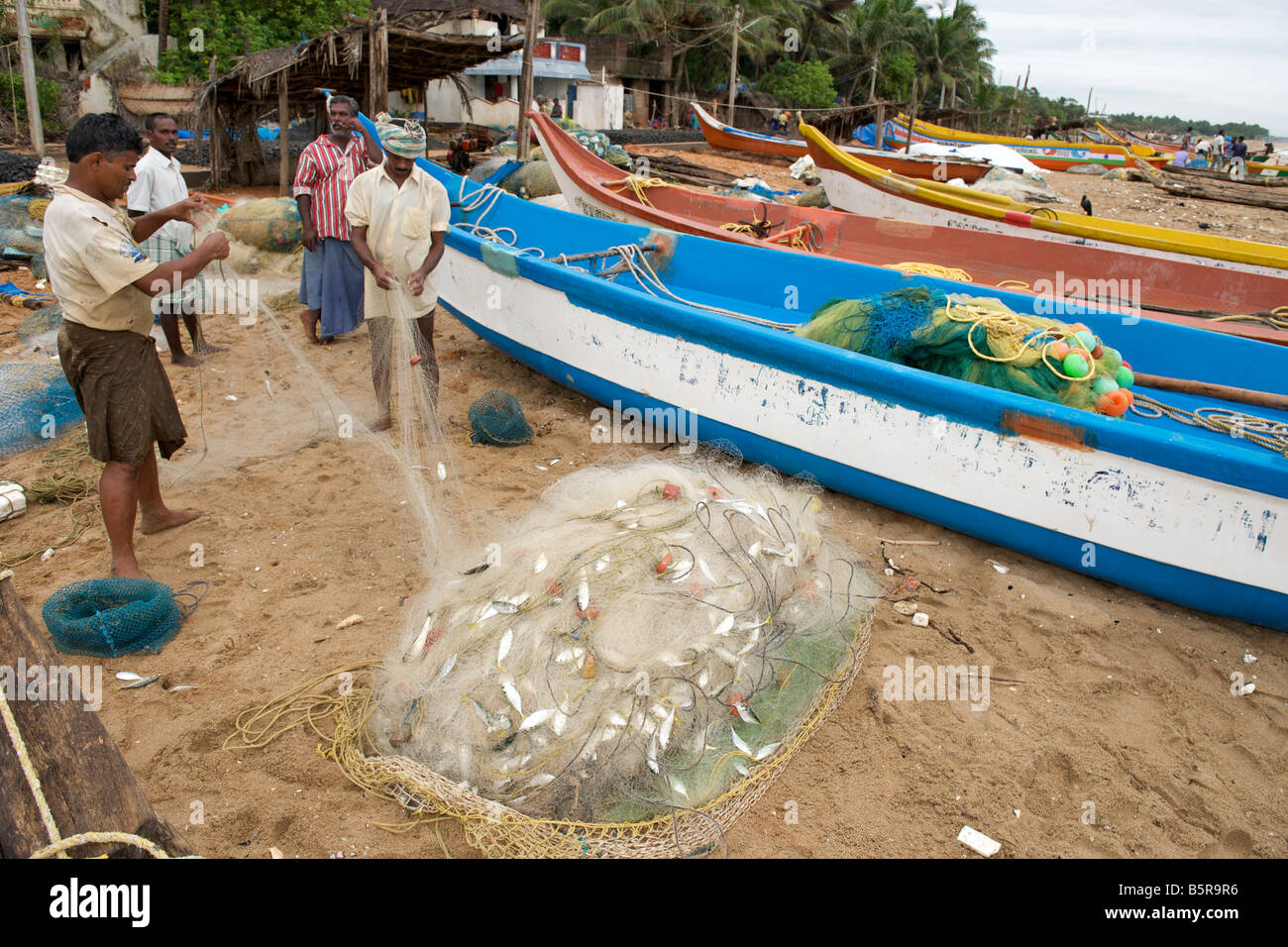 Fishermen sorting their catch on Kalapet beach near Pondicherry India ...