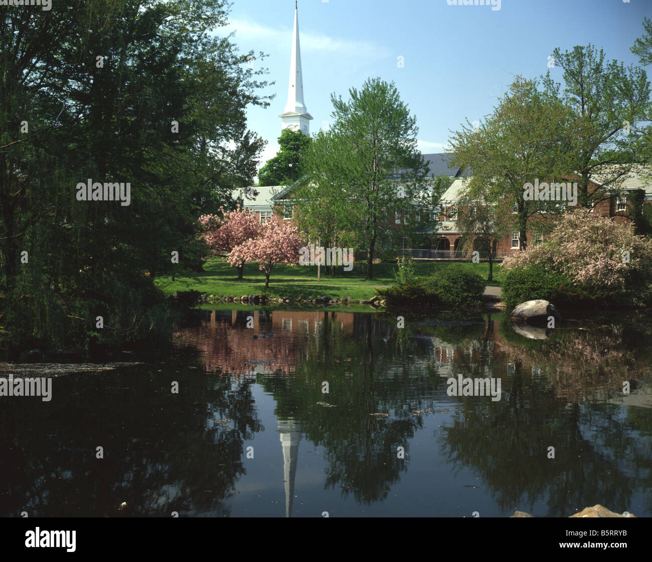Pond in Park with Church Stock Photo - Alamy