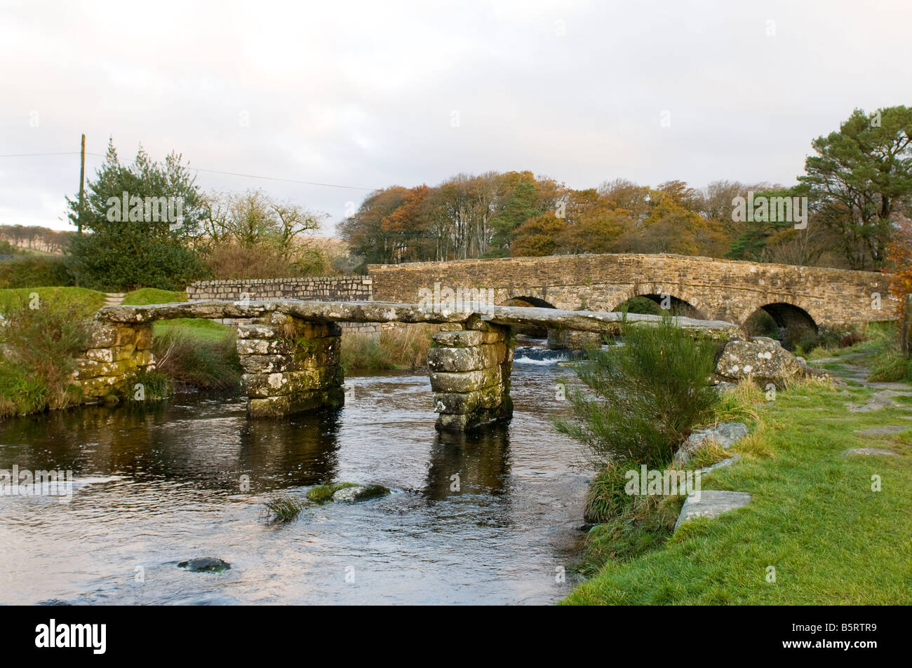 The Clapper Bridge at Postbridge, Dartmoor National Park Stock Photo ...