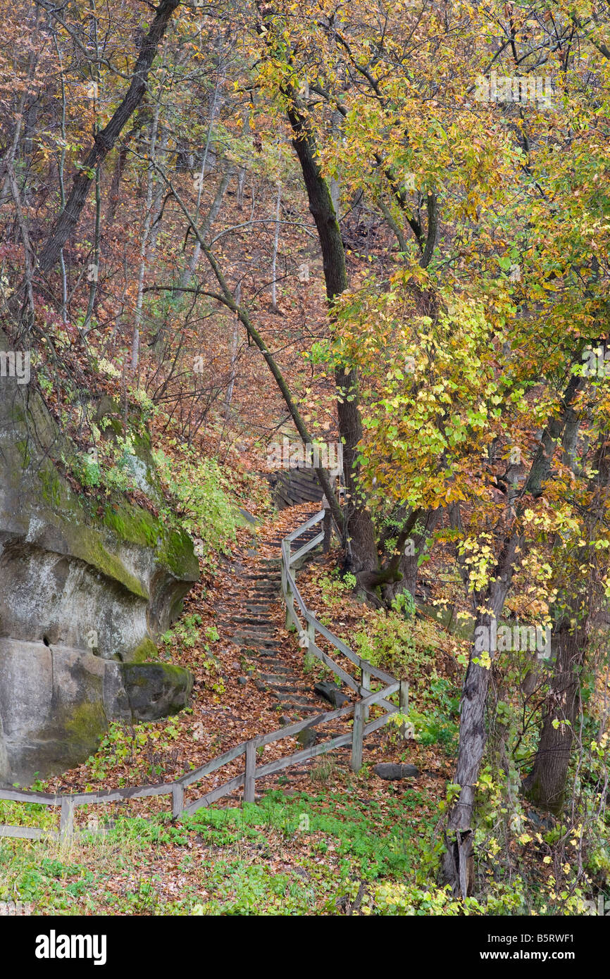 trail along sandstone cliff with autumn trees, Ledges State Park, Iowa ...