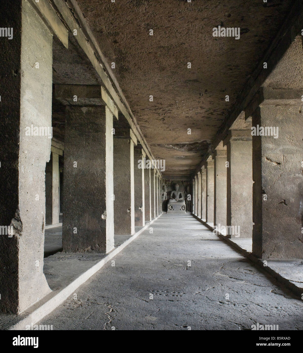 Ellora India Cave 12 Third floor corridor with columns leading to ...