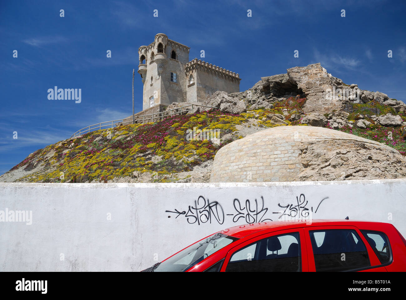 Ancient castle and modern life, bottom view Stock Photo - Alamy