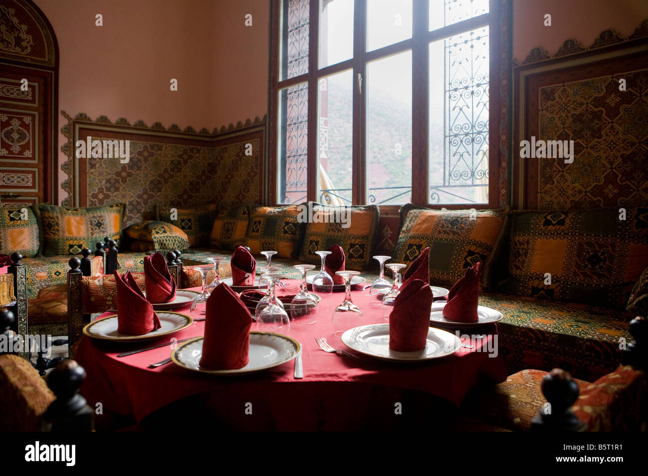 Traditional Moroccan restaurant at the foothills of the Atlas mountains ...