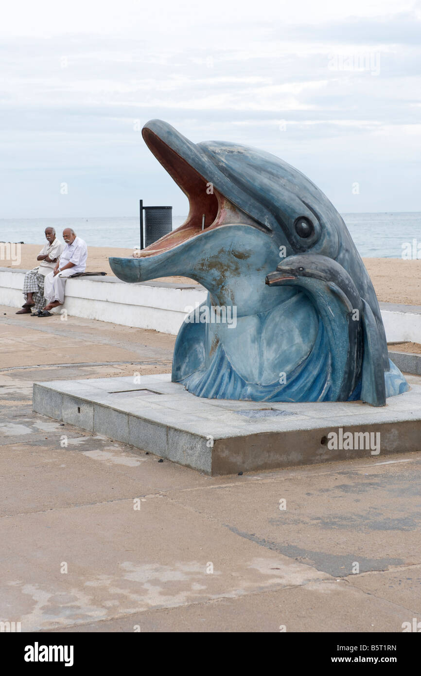 Dolphin drinking fountain on the Pondicherry waterfront in India Stock ...