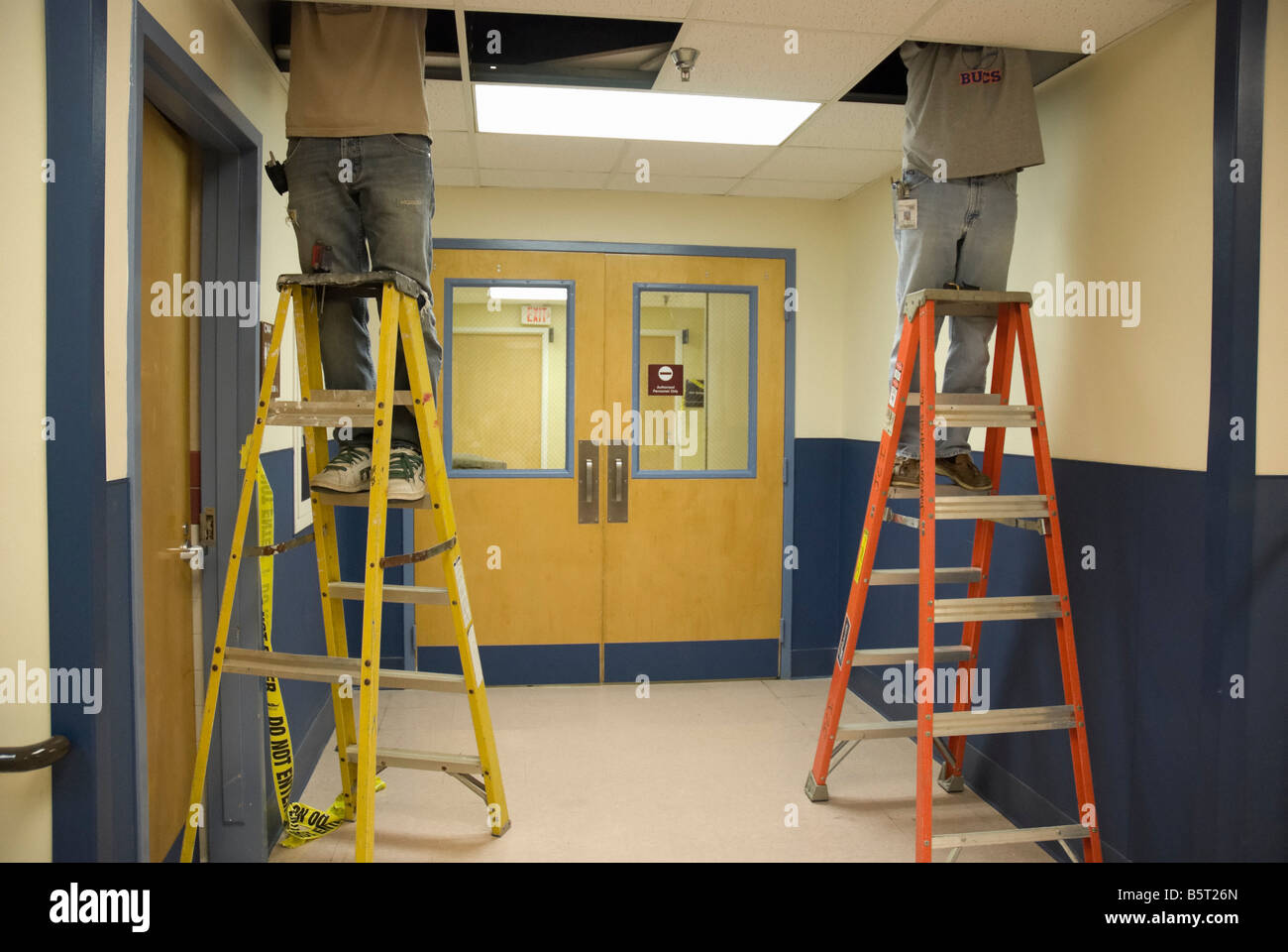 two workers fix ceiling problems on ladders Stock Photo - Alamy