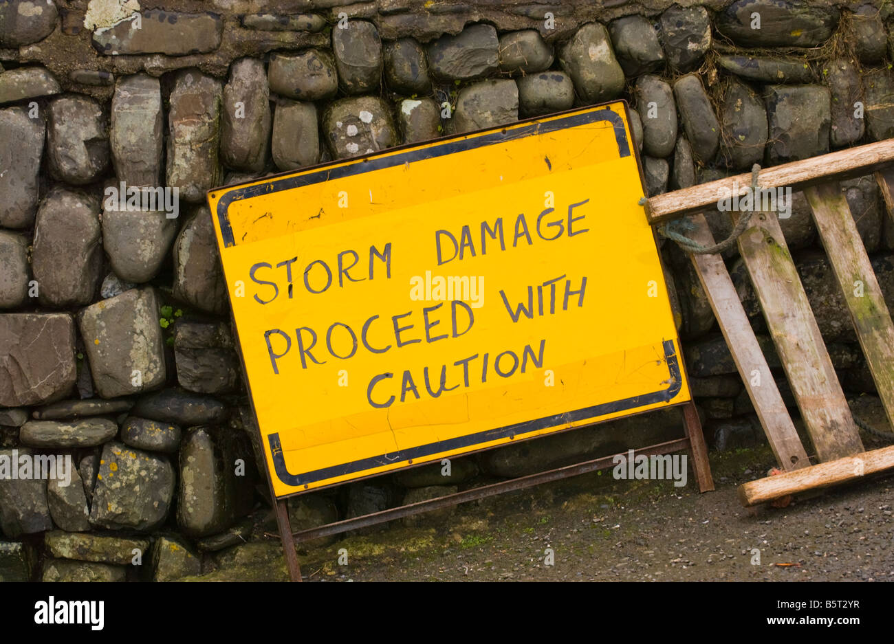 Warning sign about STORM DAMAGE in coastal village of Clovelly North ...