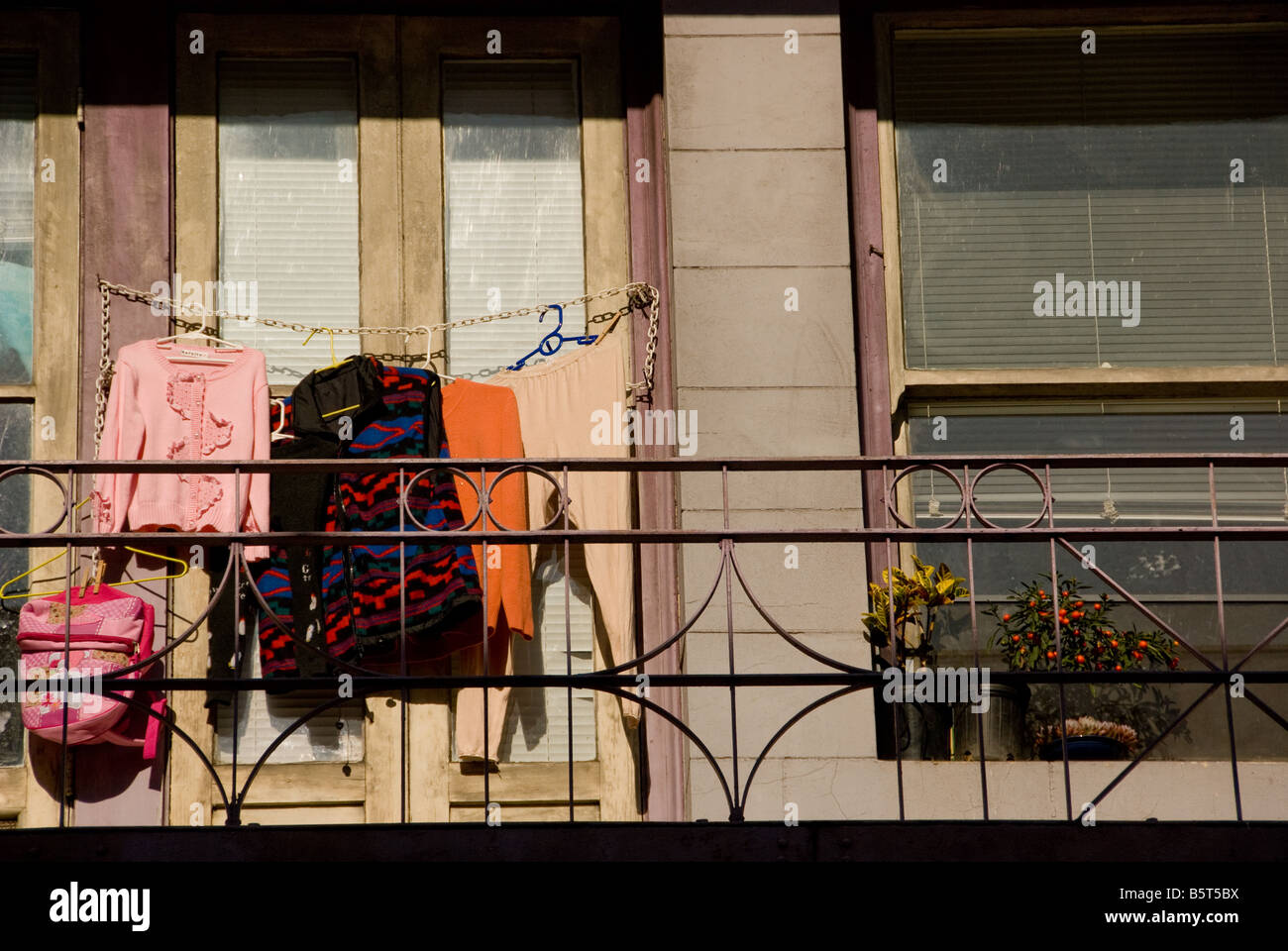 Clothes drying on balcony of apartment in Chinatown San Francisco ...