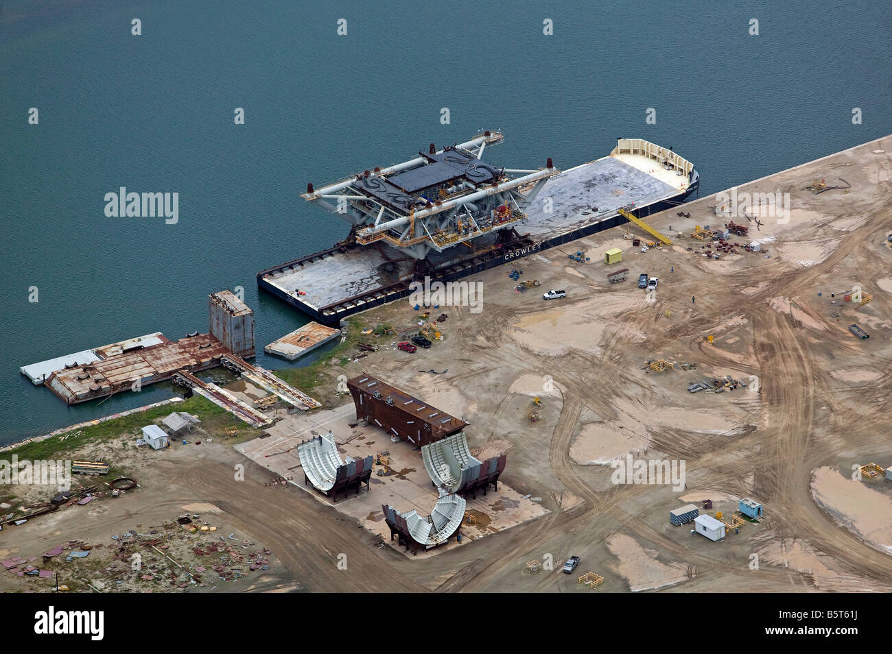 aerial view above barge with construction materials for oil rigs Texas ...