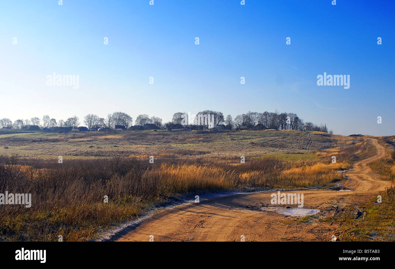 Russian rural landscape a village on the hill first ice sunny morning ...