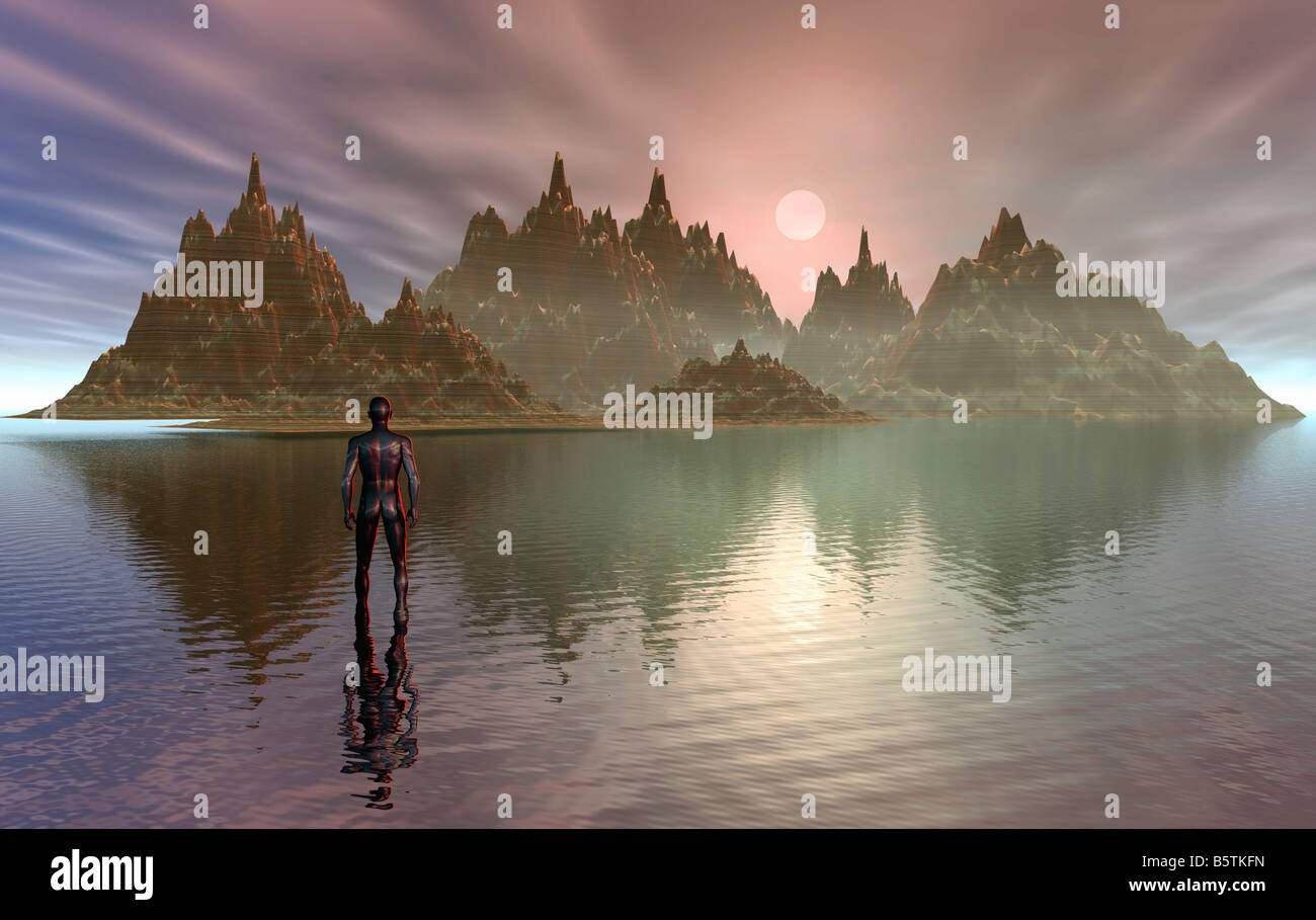 A Lone figure standing in a lake on an alien world Stock Photo - Alamy