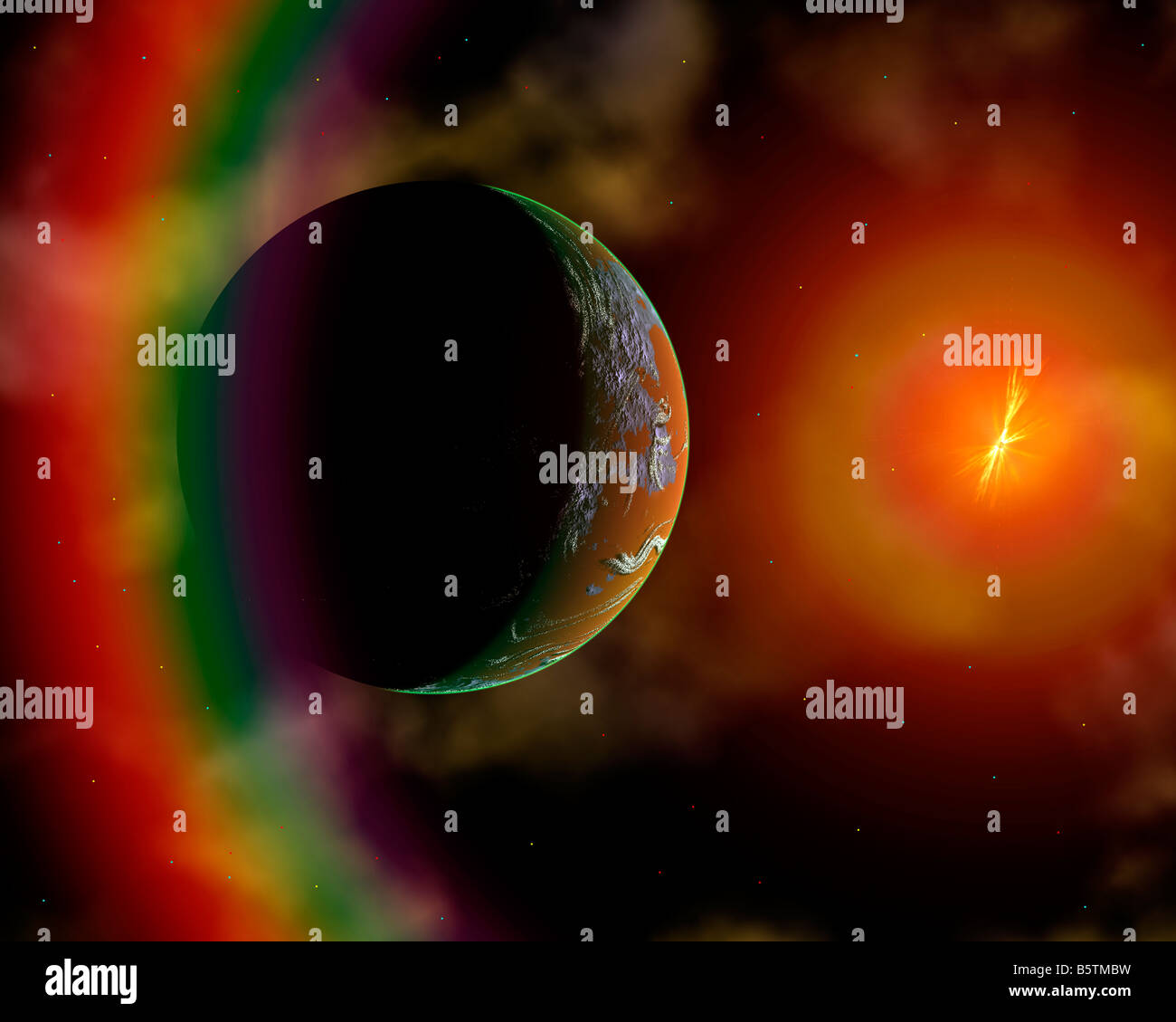 A distant alien world orbiting its sun at the edge of a nebula Stock ...