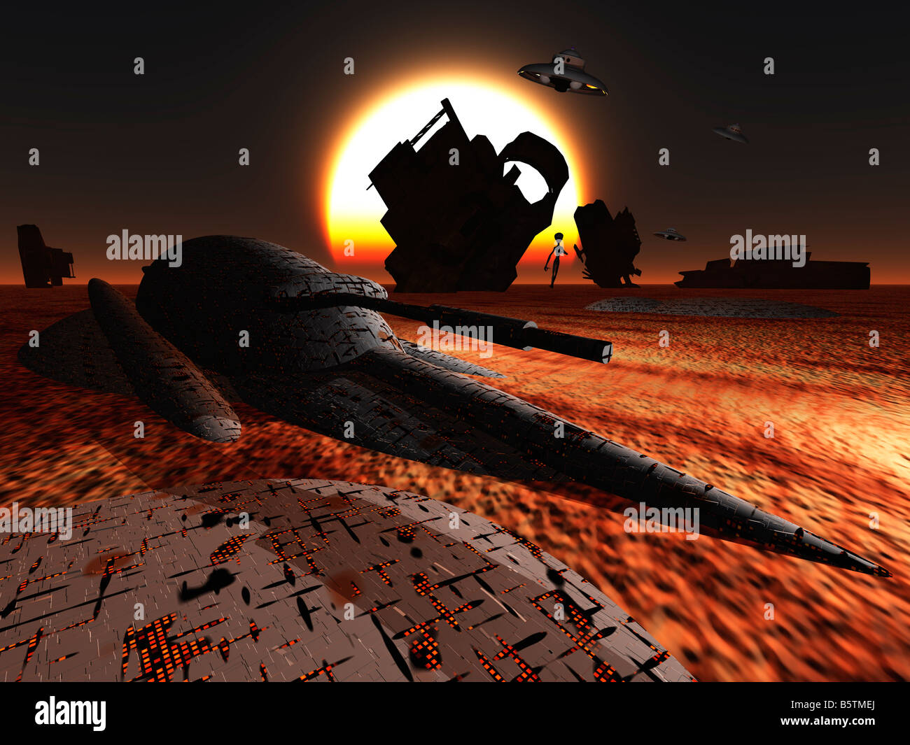 Alien Exploring A Crash Site On A Distant World Stock Photo - Alamy