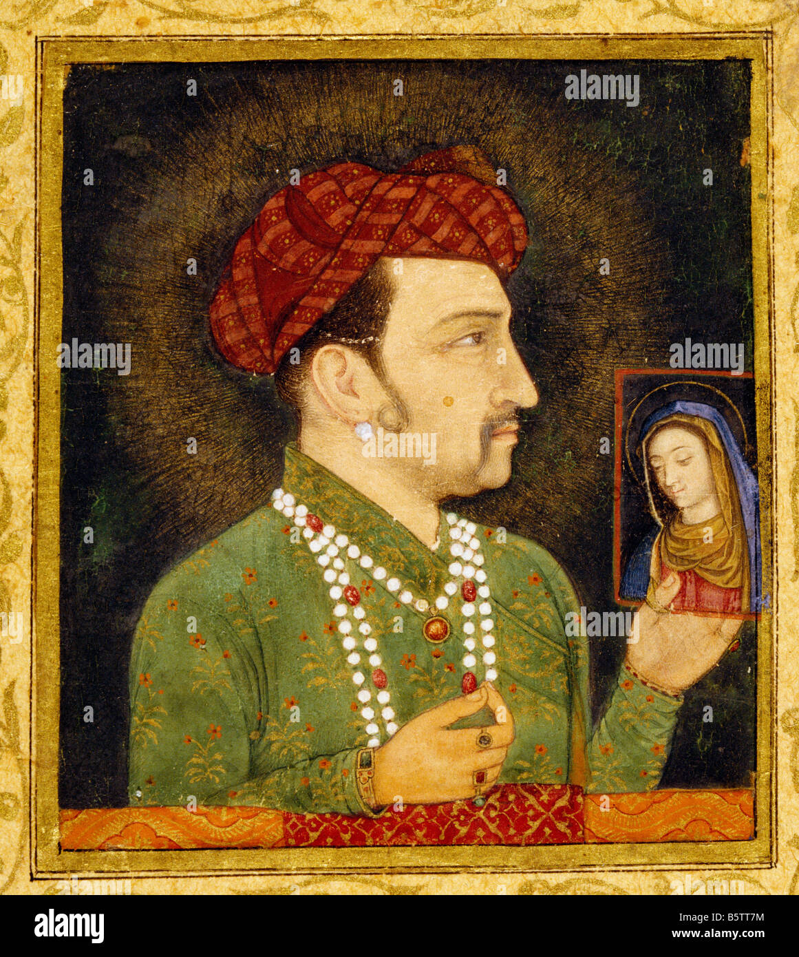 The Emperor Jehangir holds a picture of the Madonna. Portrait Mughal c ...