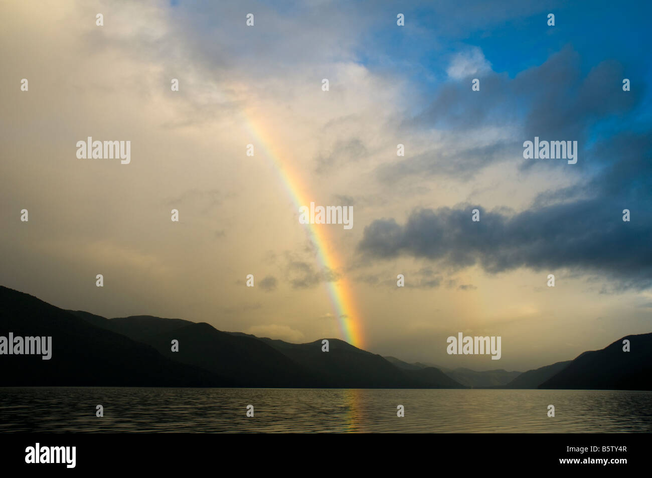Rainbow over Lake Rotoroa, from the Sabine Hut, Nelson Lakes National ...