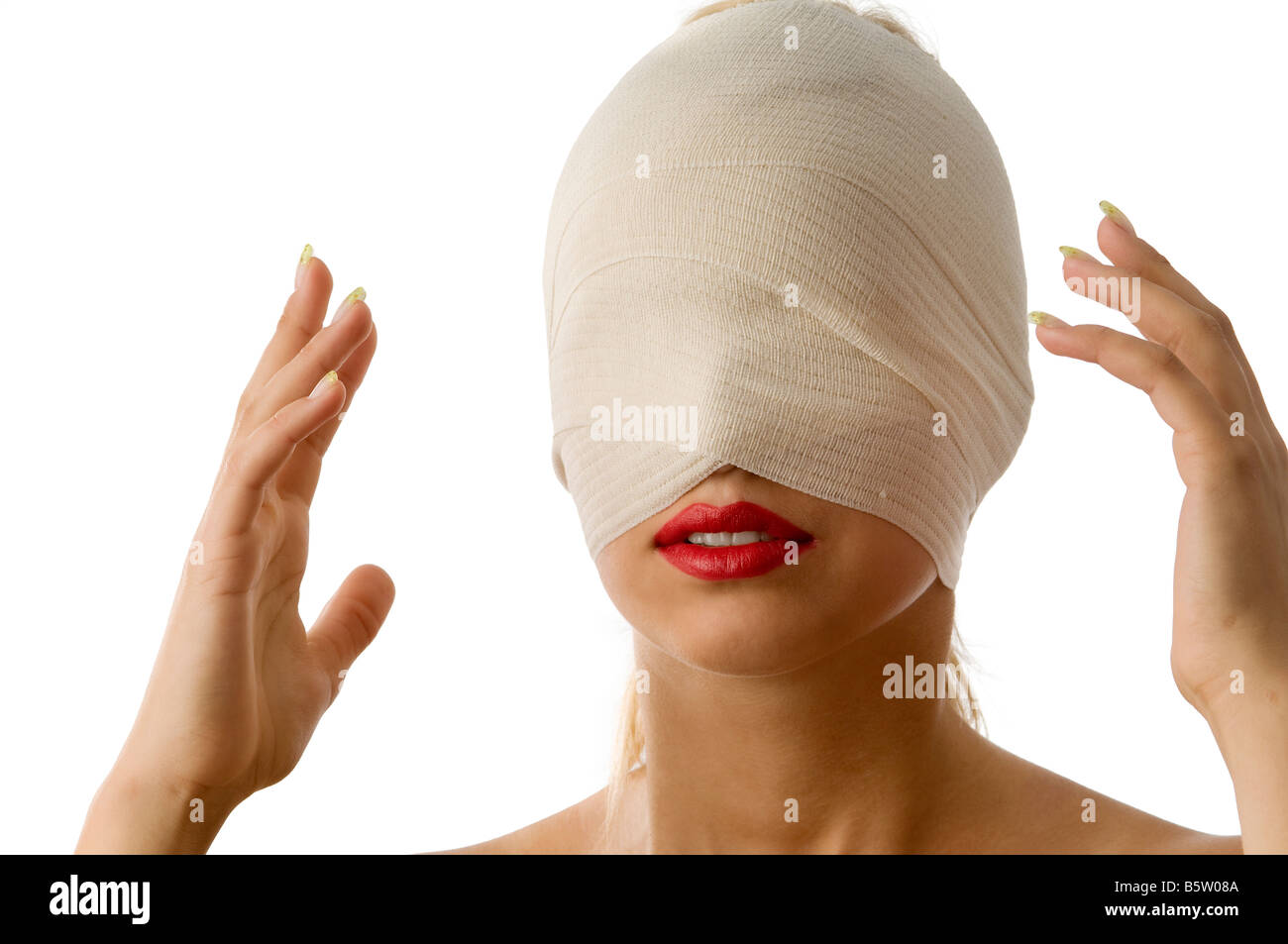 portrait of woman with bandage around face and red lips Stock Photo - Alamy