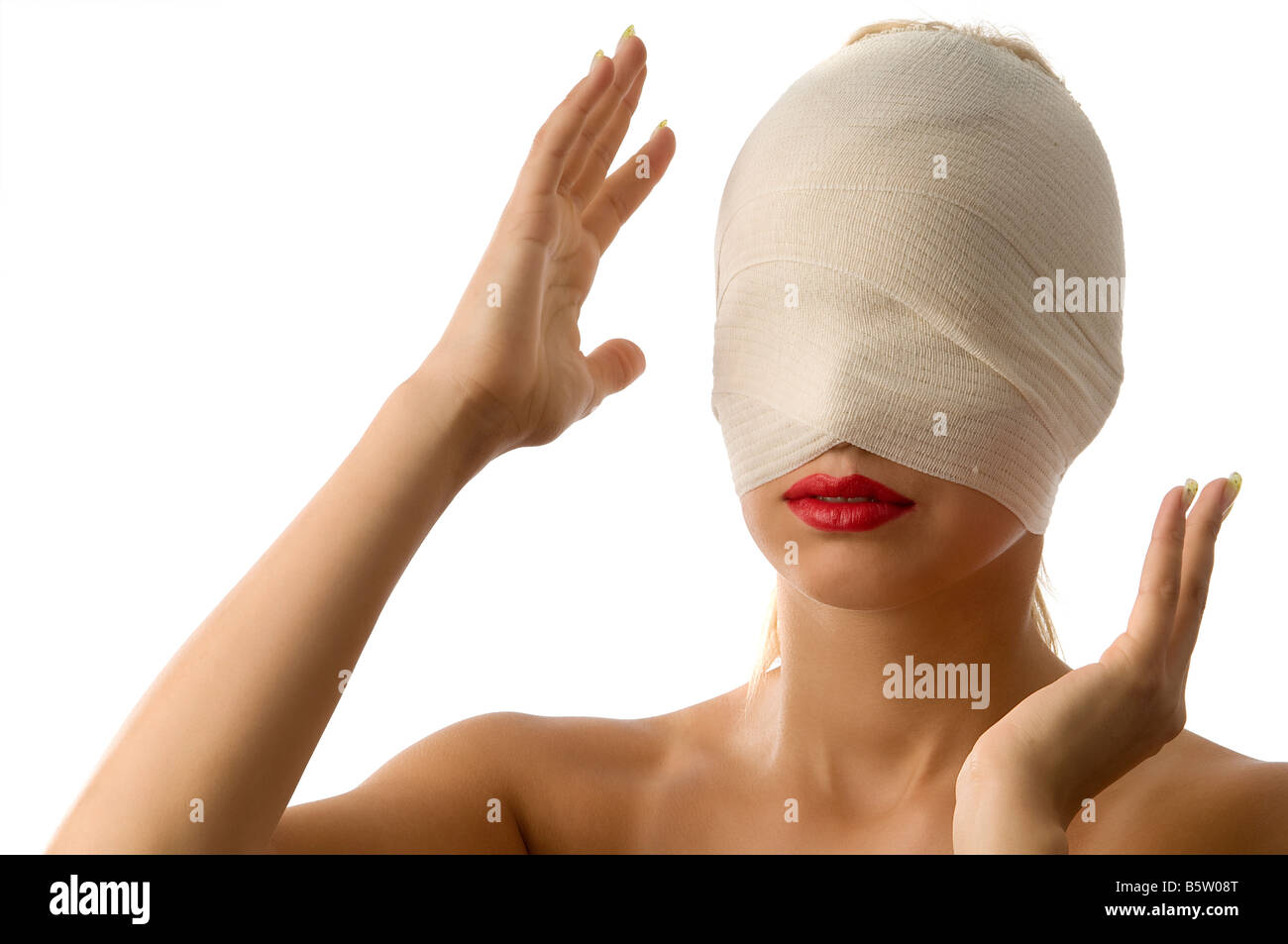 portrait of woman with bandage around face and red lips Stock Photo - Alamy