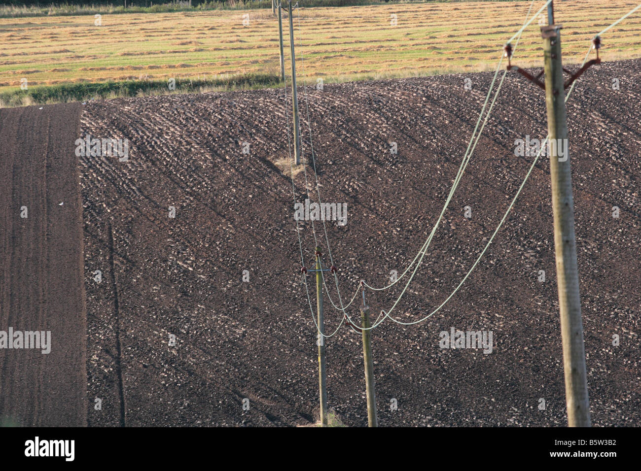 Patterns created in a ploughed and harrowed field, crossed by power ...