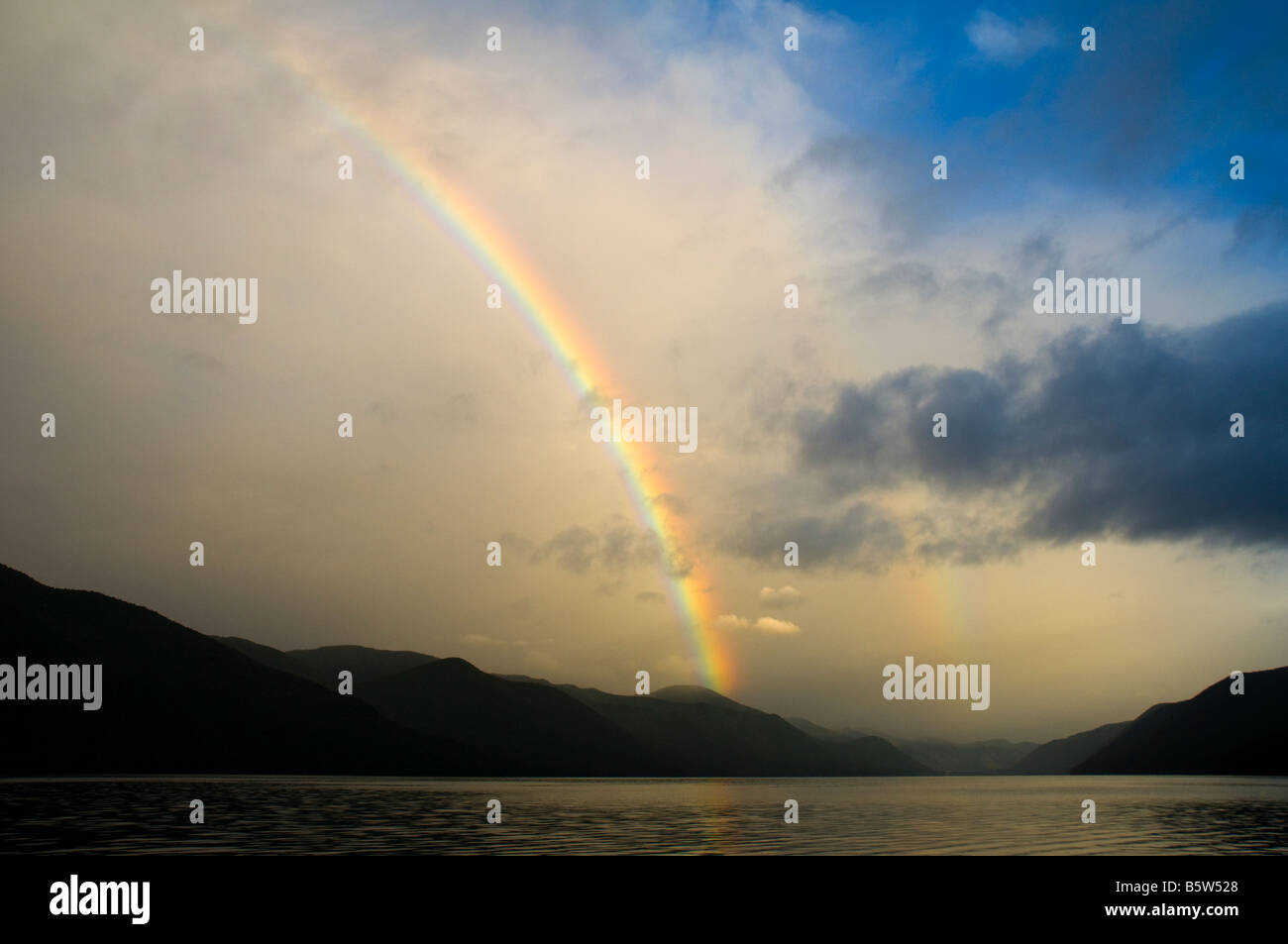 Rainbow over Lake Rotoroa, from the Sabine Hut, Nelson Lakes National ...