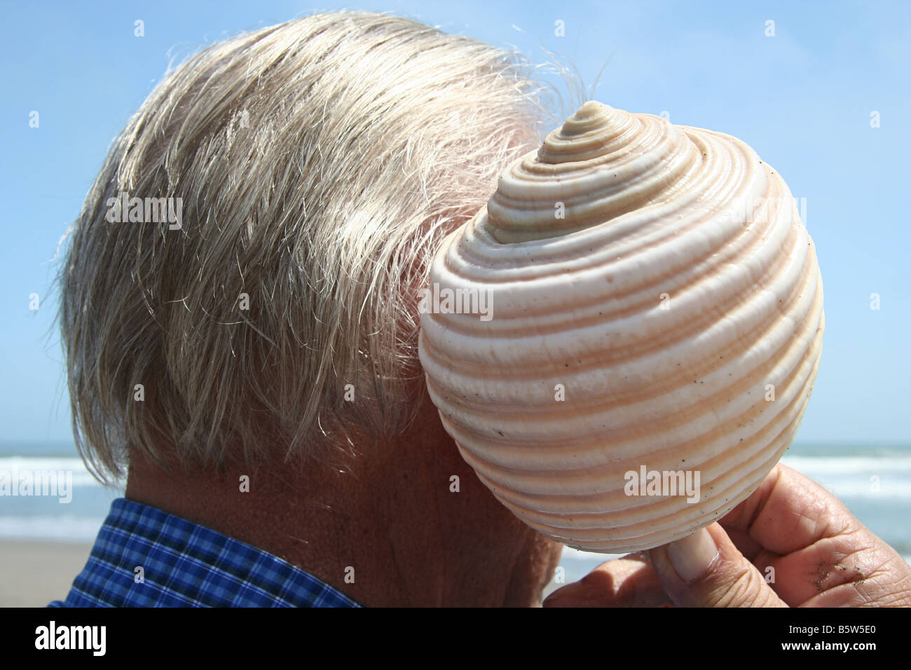 Old man listening to sea shell hi-res stock photography and images - Alamy