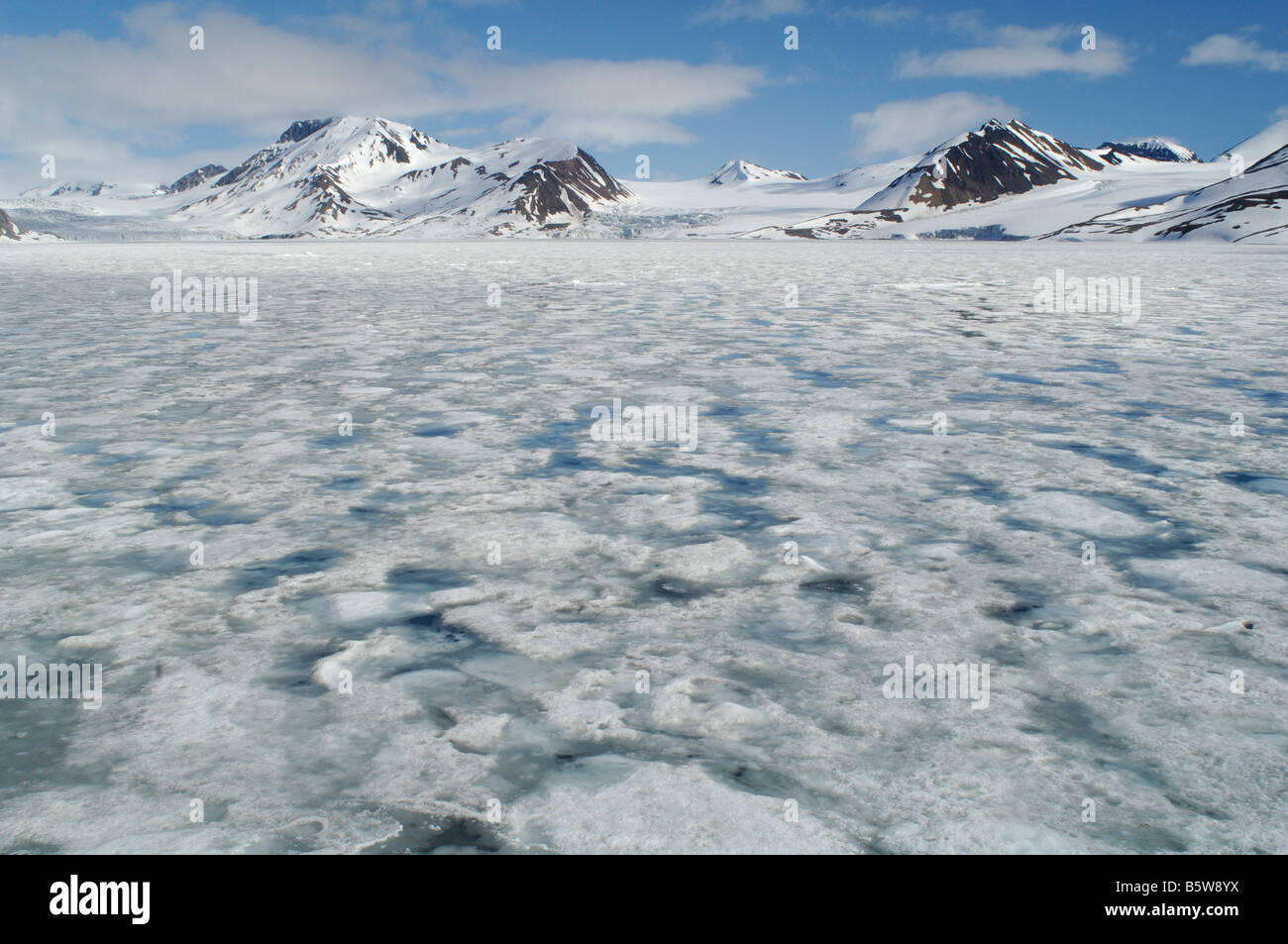 Arctic landscape, sea ice showing surface melt and mountains along ...