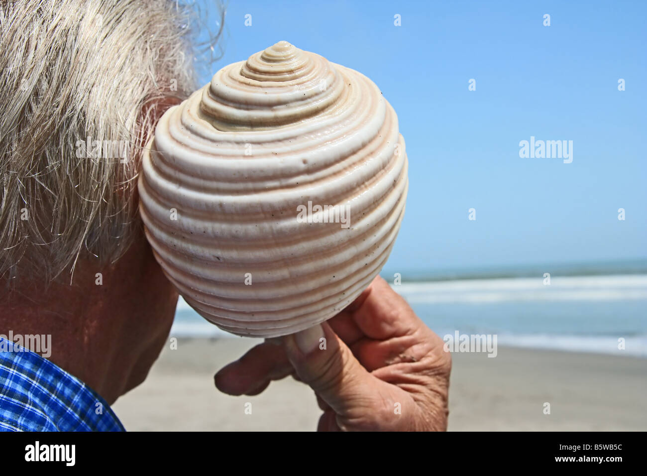 Mature male enjoying the sound of a shell in the beach Stock Photo - Alamy