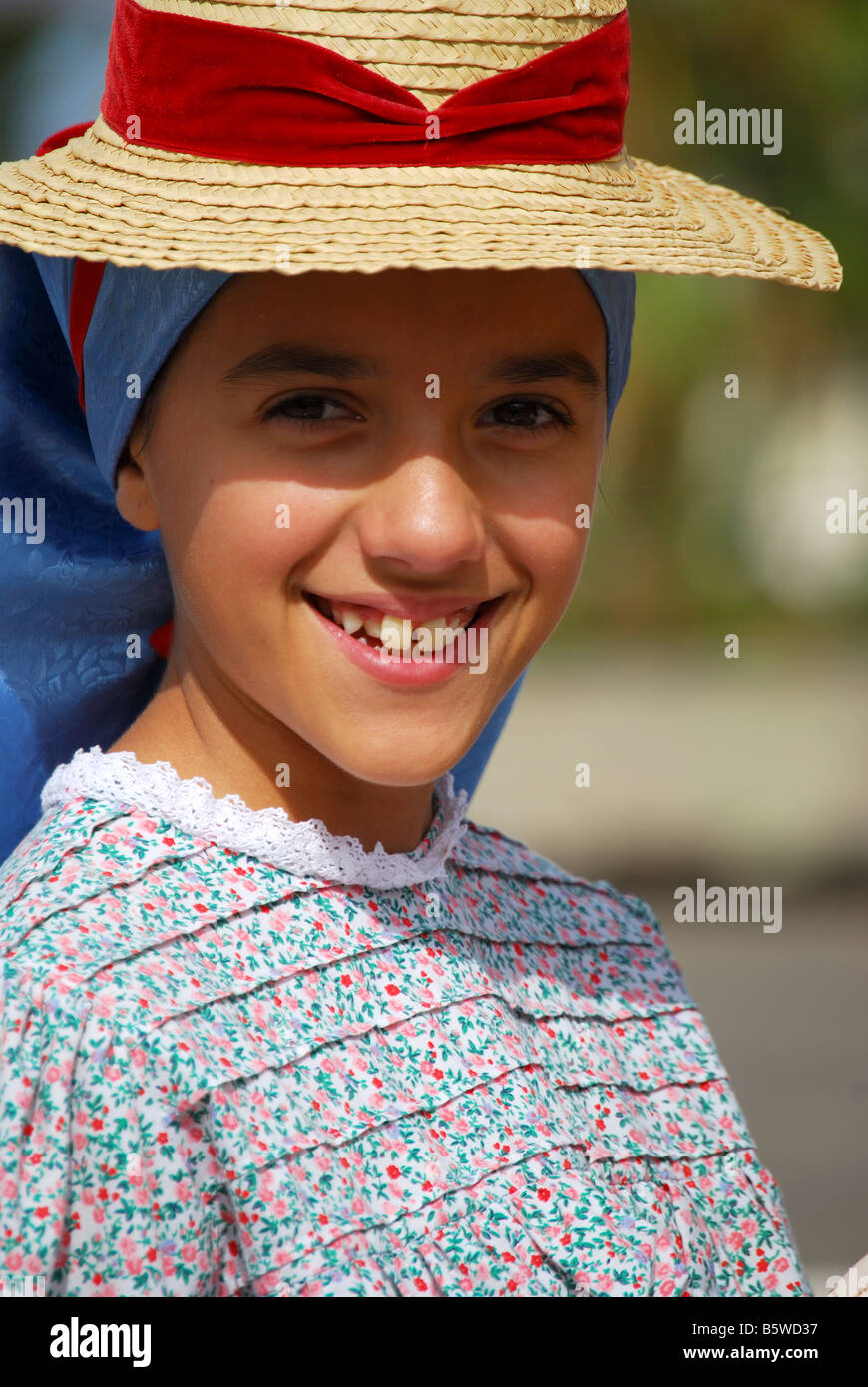 Smiling girl in Canarian costume, Plaza Constitucion, La Orotava ...