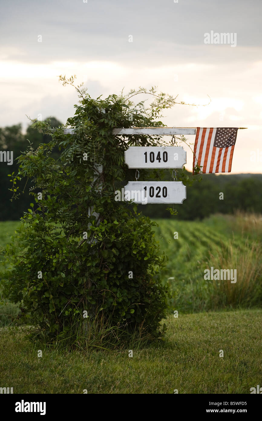 American flag hanging at the entrance of a driveway Stock Photo - Alamy