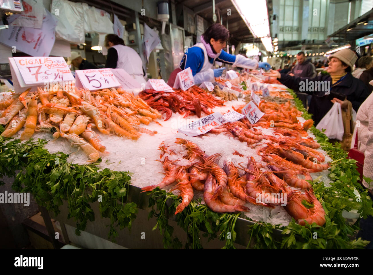 Shrimps on seafood stall in the central fish market Mercado Central in ...