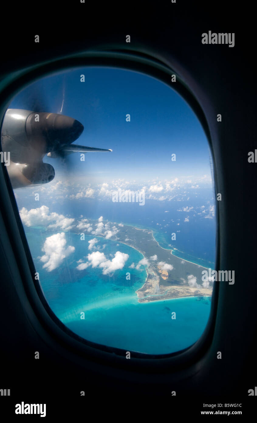 Aerial view through airplane window, Exuma Islands, Bahamas Stock Photo ...