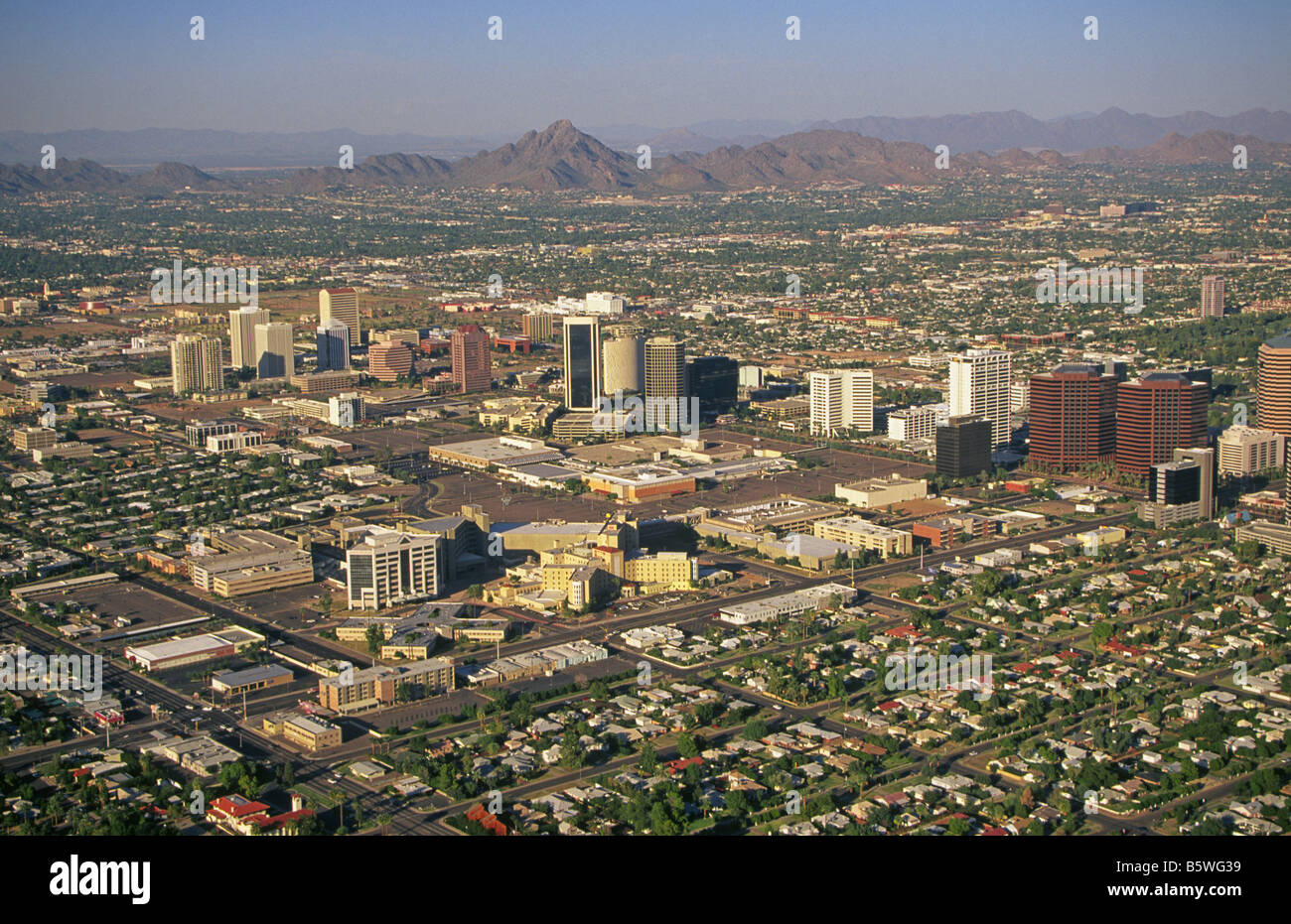 An aerial view of office and apartment scyscrapers in downtown Phoenix ...