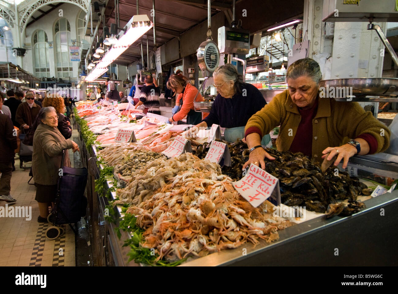 Seafood stall in the central fish market Mercado Central in the ...