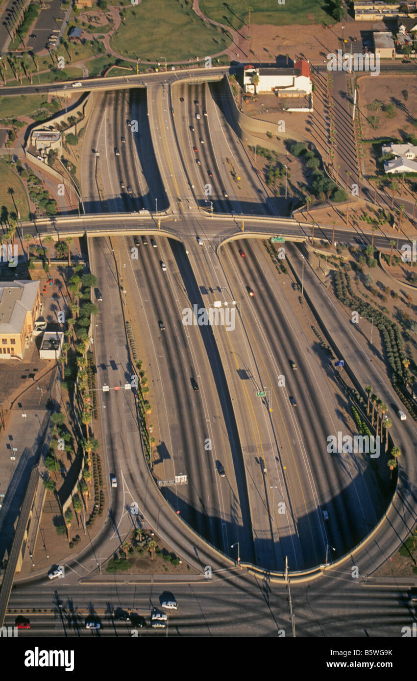 An aerial view of a a six lane freeway near downtown Phoenix Arizona ...