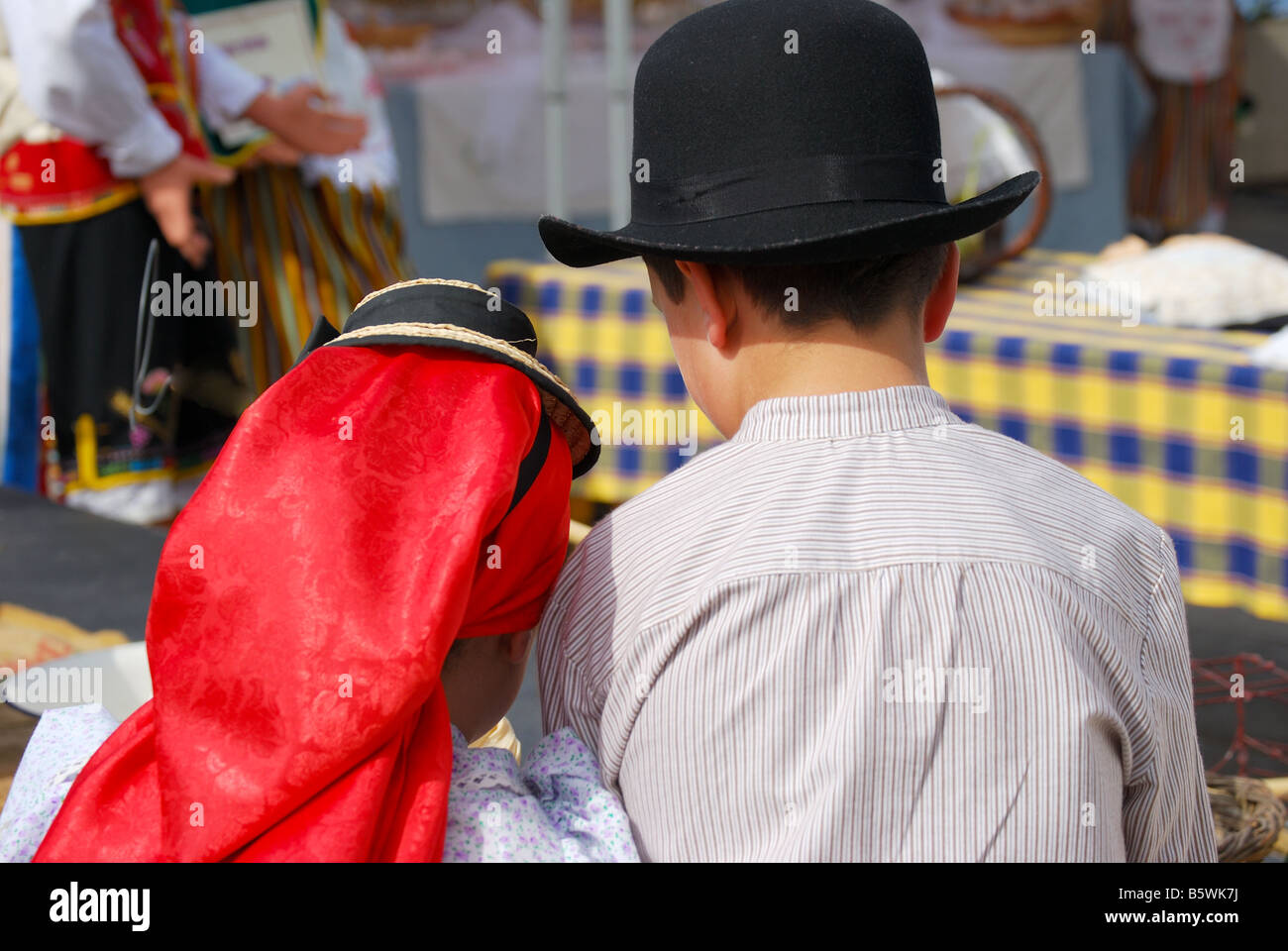 Boy and girl in Canarian dress, Plaza Constitucion, La Orotava ...