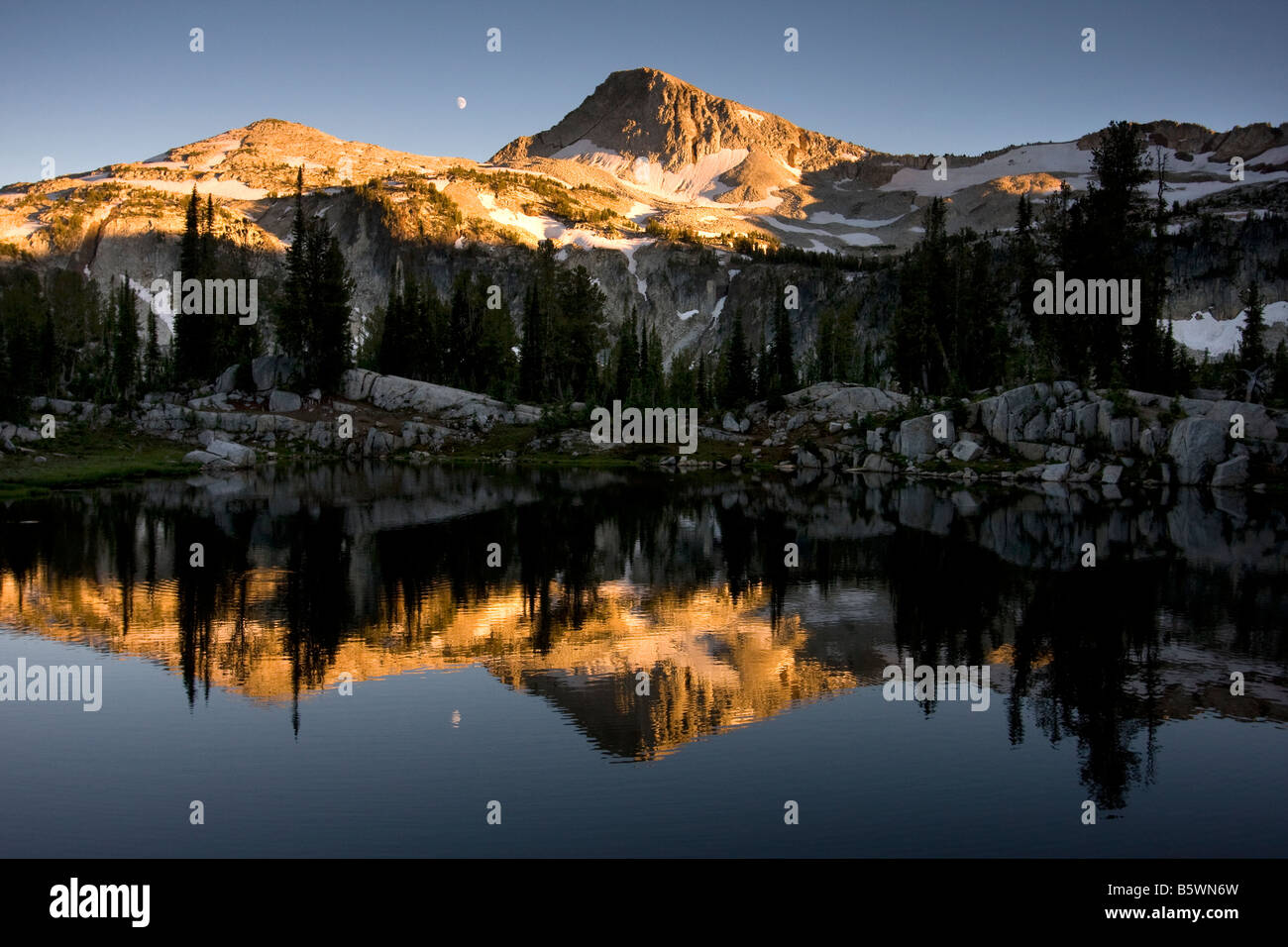 Eagle Cap Peak and moon are reflected in Sunshine Lake Eagle Cap ...
