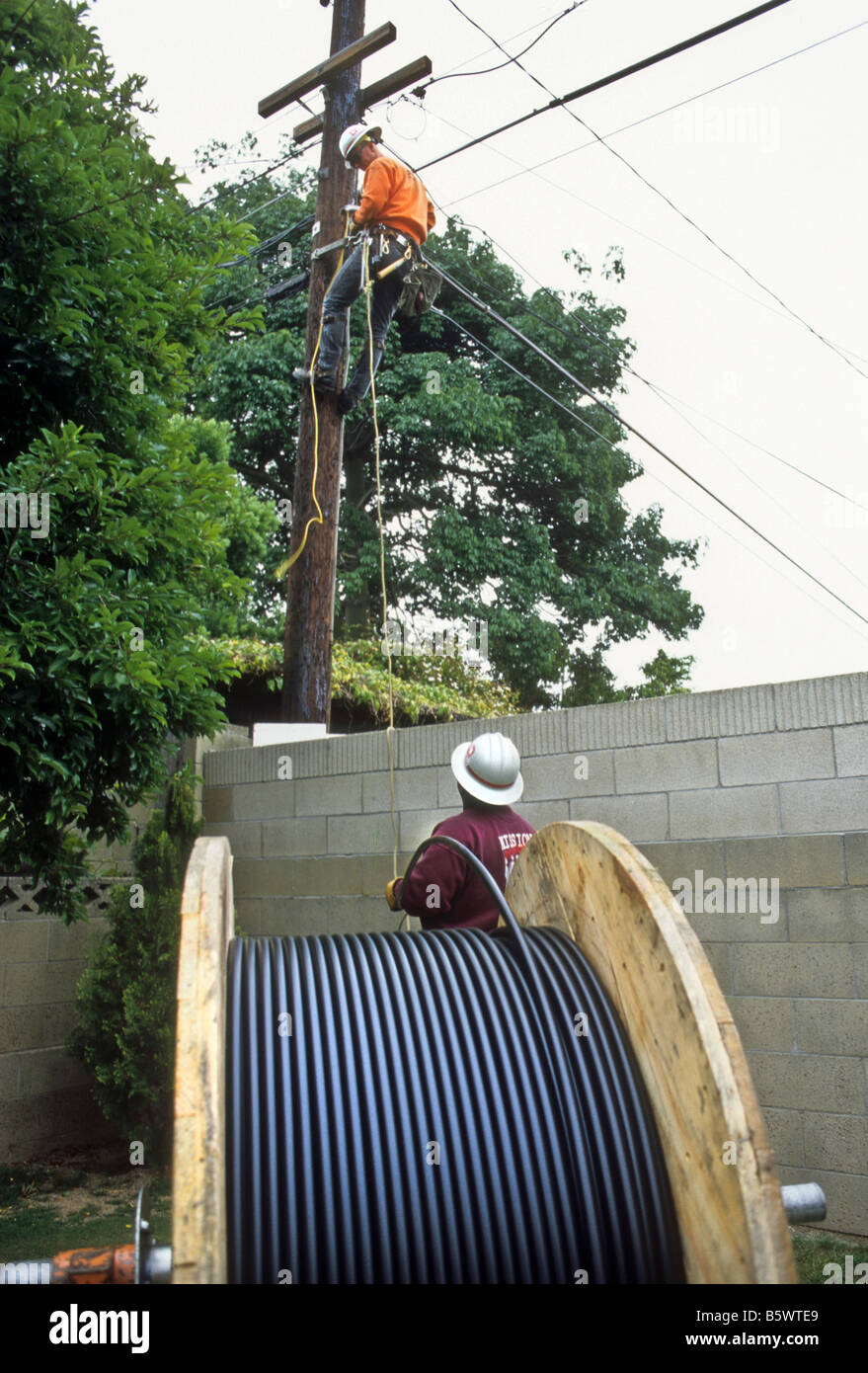 Black and white workers install cable from large reel Stock Photo - Alamy