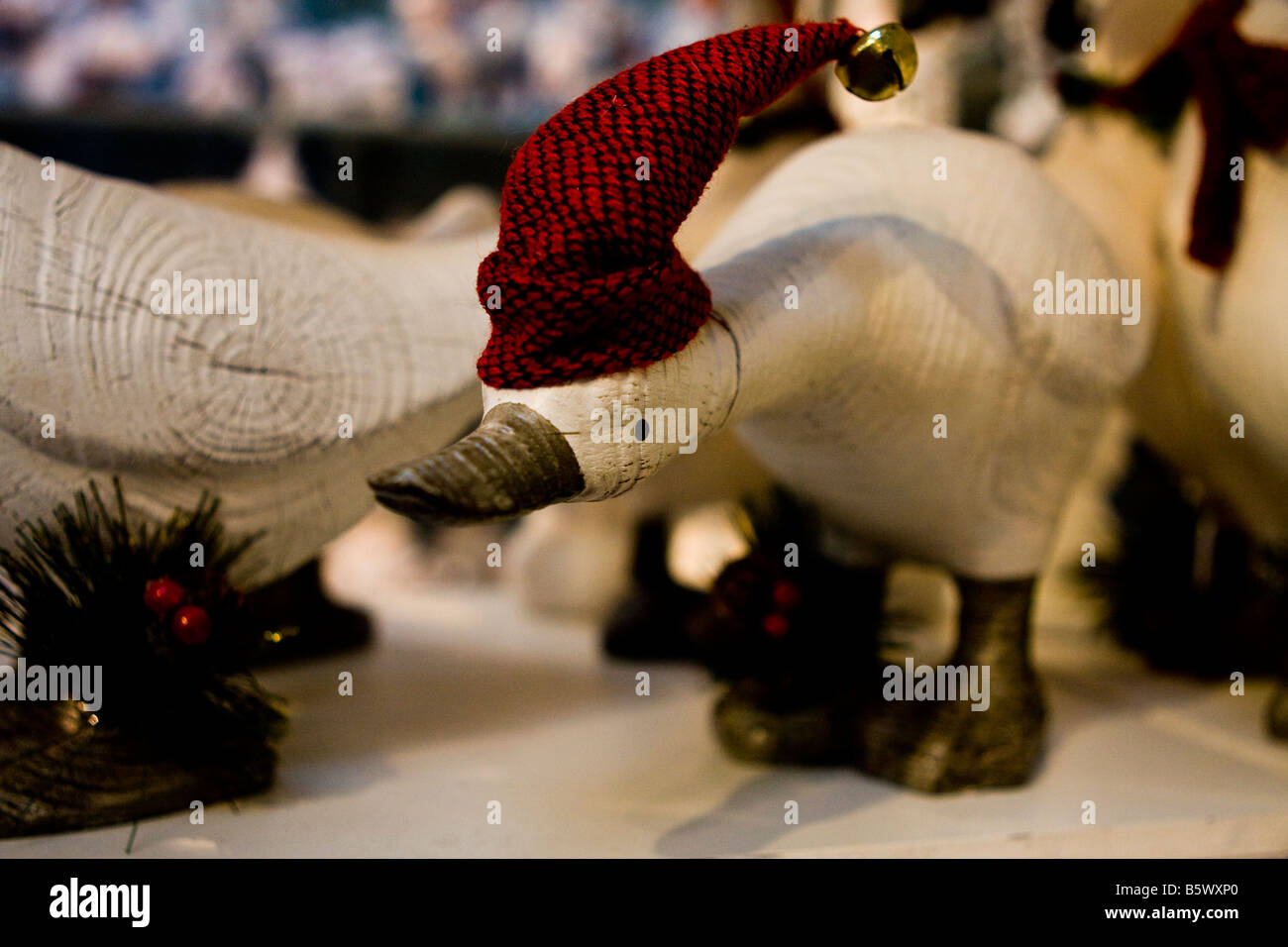 Xmas Christmas geese goose gander on display at a garden centre Stock ...