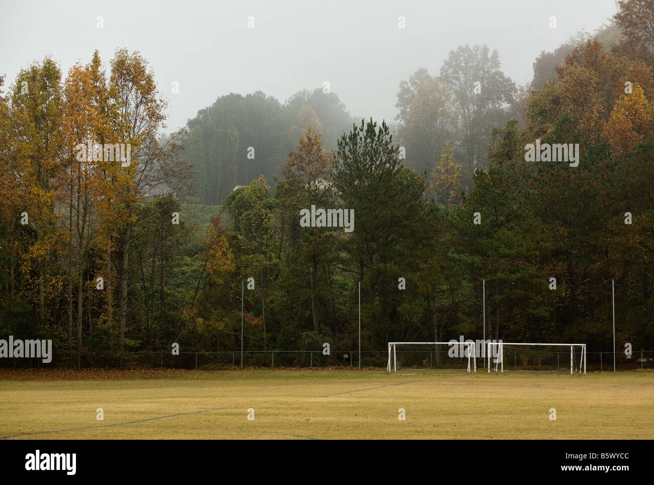 Spotted this vacant soccer field,one cold foggy fall morning Stock ...